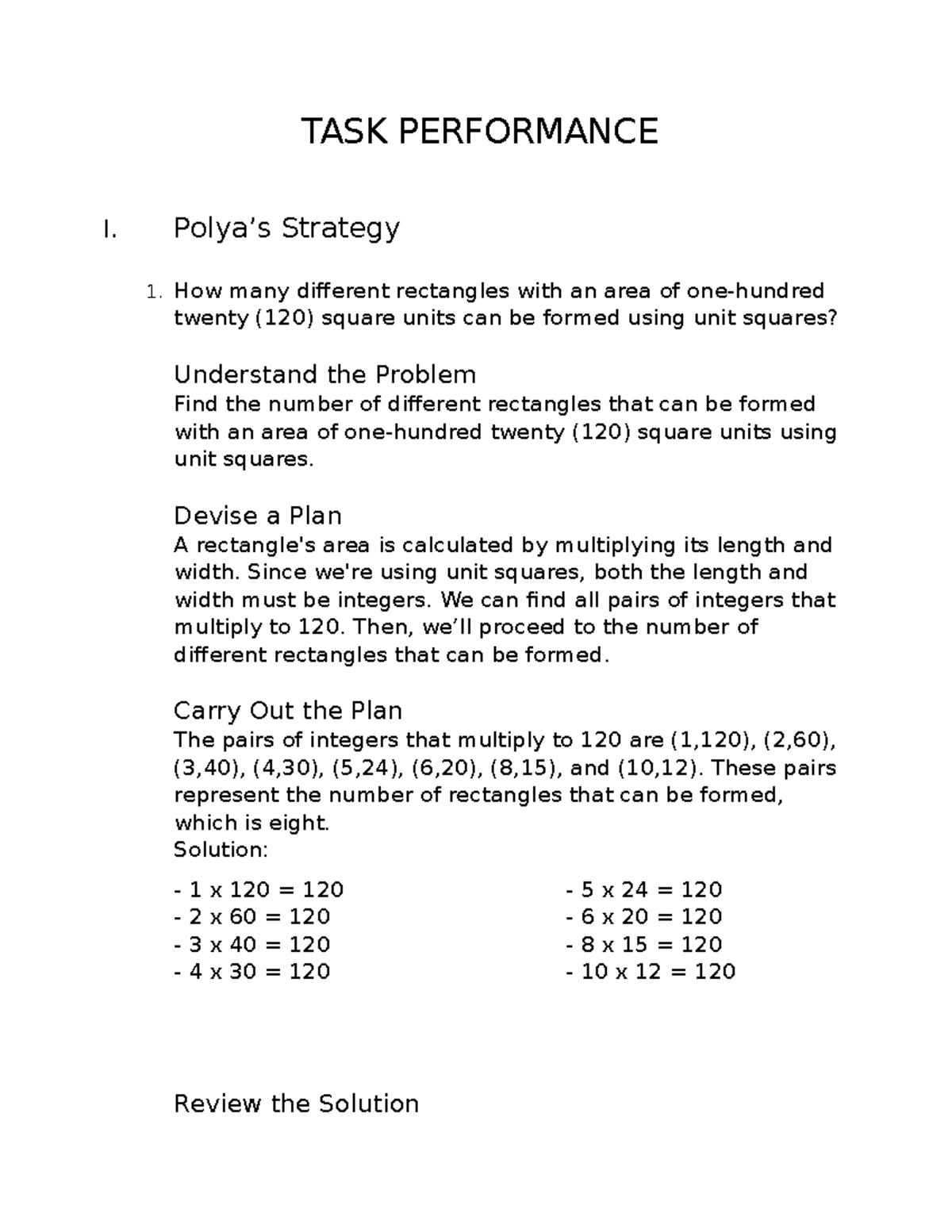 Task Performance in Math - TASK PERFORMANCE I. Polya’s Strategy 1. How ...