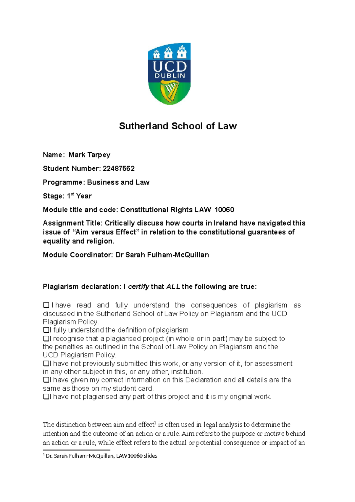 Final assignment - Sutherland School of Law Name: Mark Tarpey Student ...