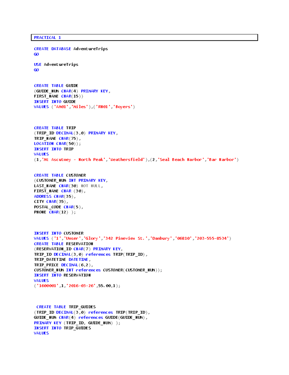 Practicals 1 - 4 - CREATE DATABASE AdventureTrips GO USE AdventureTrips ...
