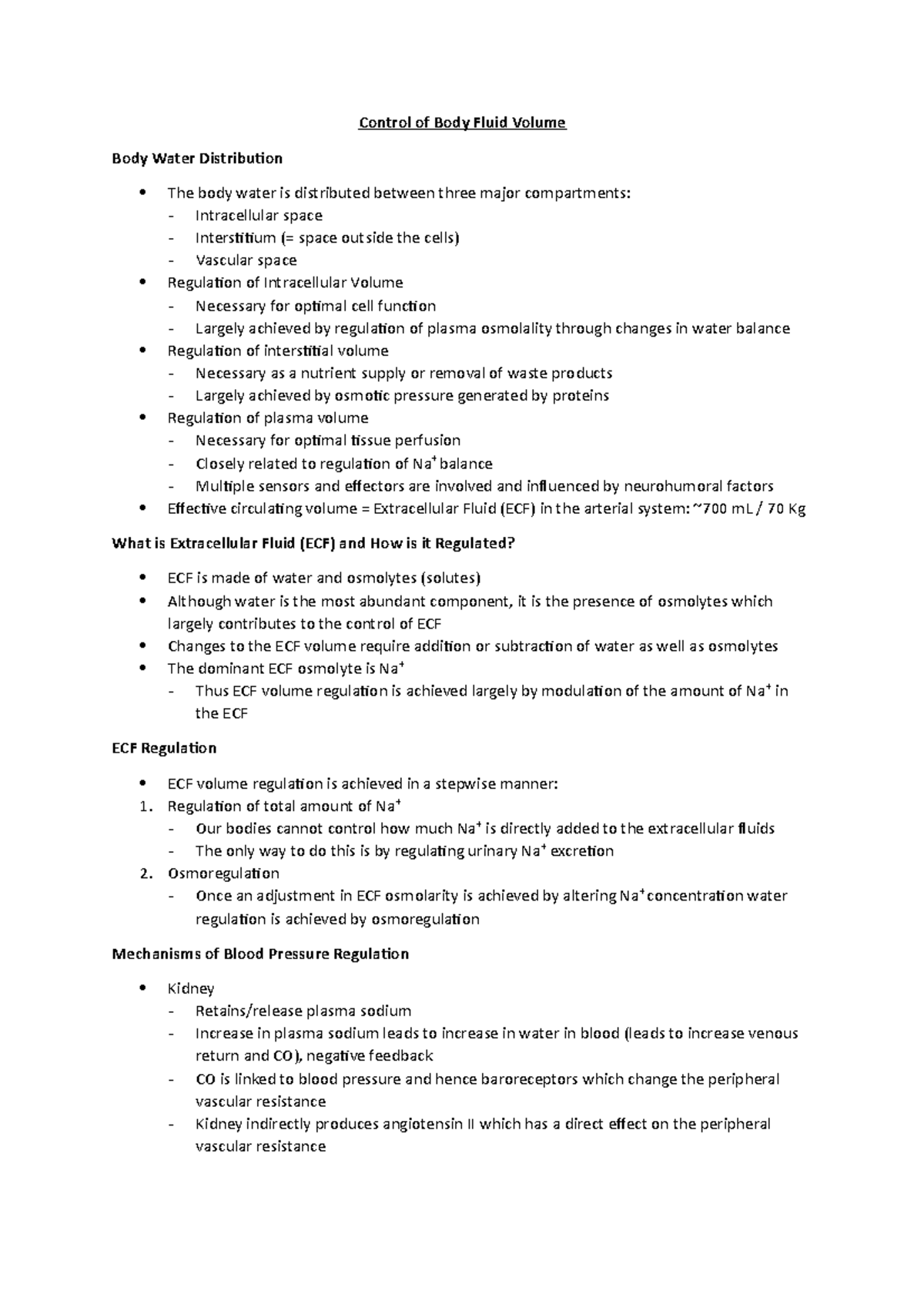 Control of Body Fluid Volume - Studocu