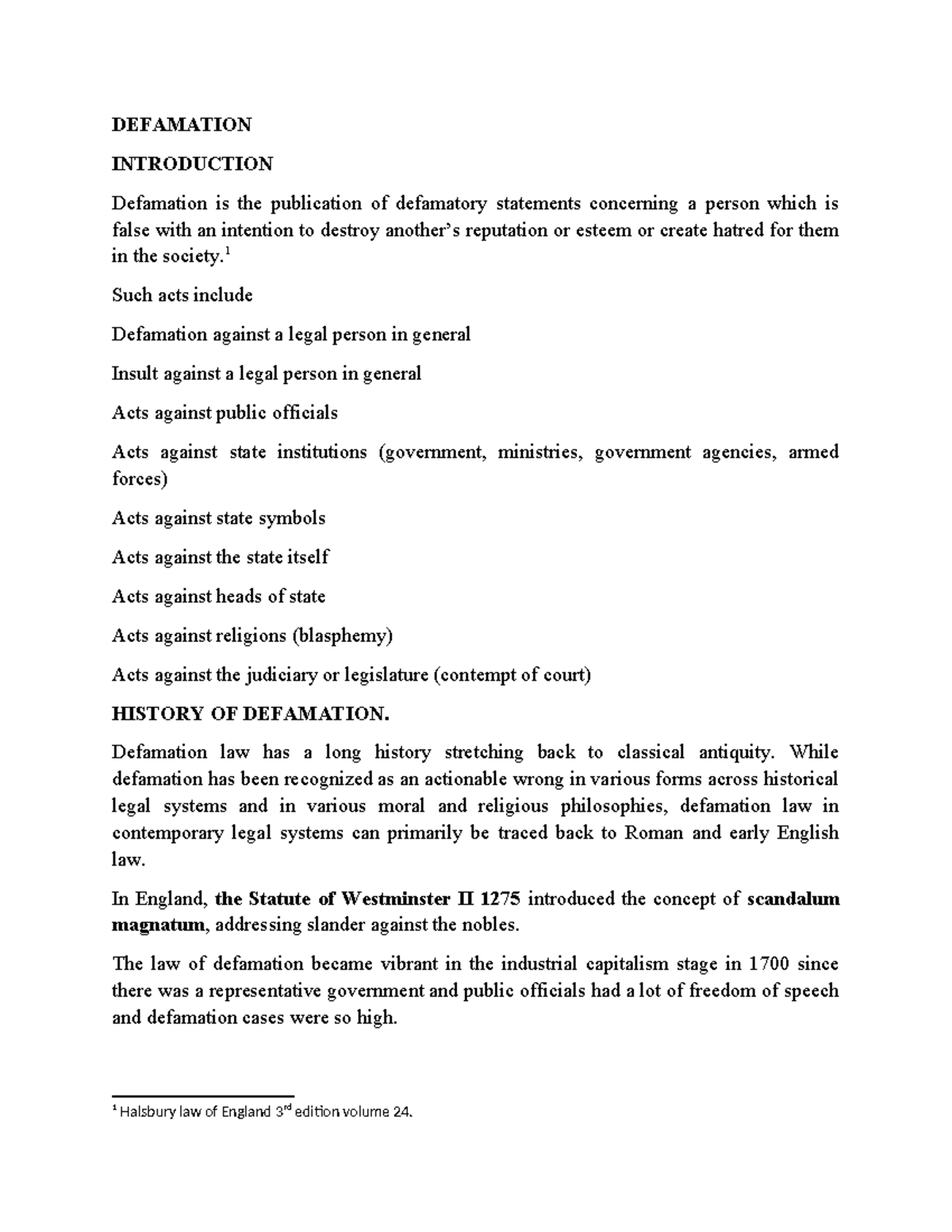 Defamation in tort - DEFAMATION INTRODUCTION Defamation is the ...