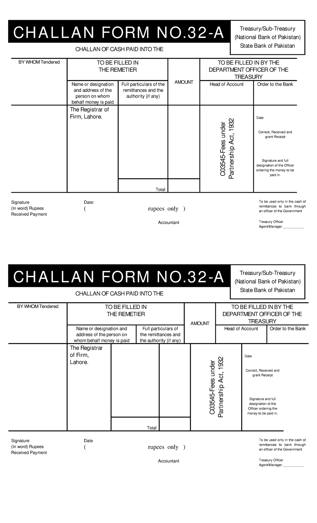 Challan form for Partnership - Banking Regulations - UOL - Studocu
