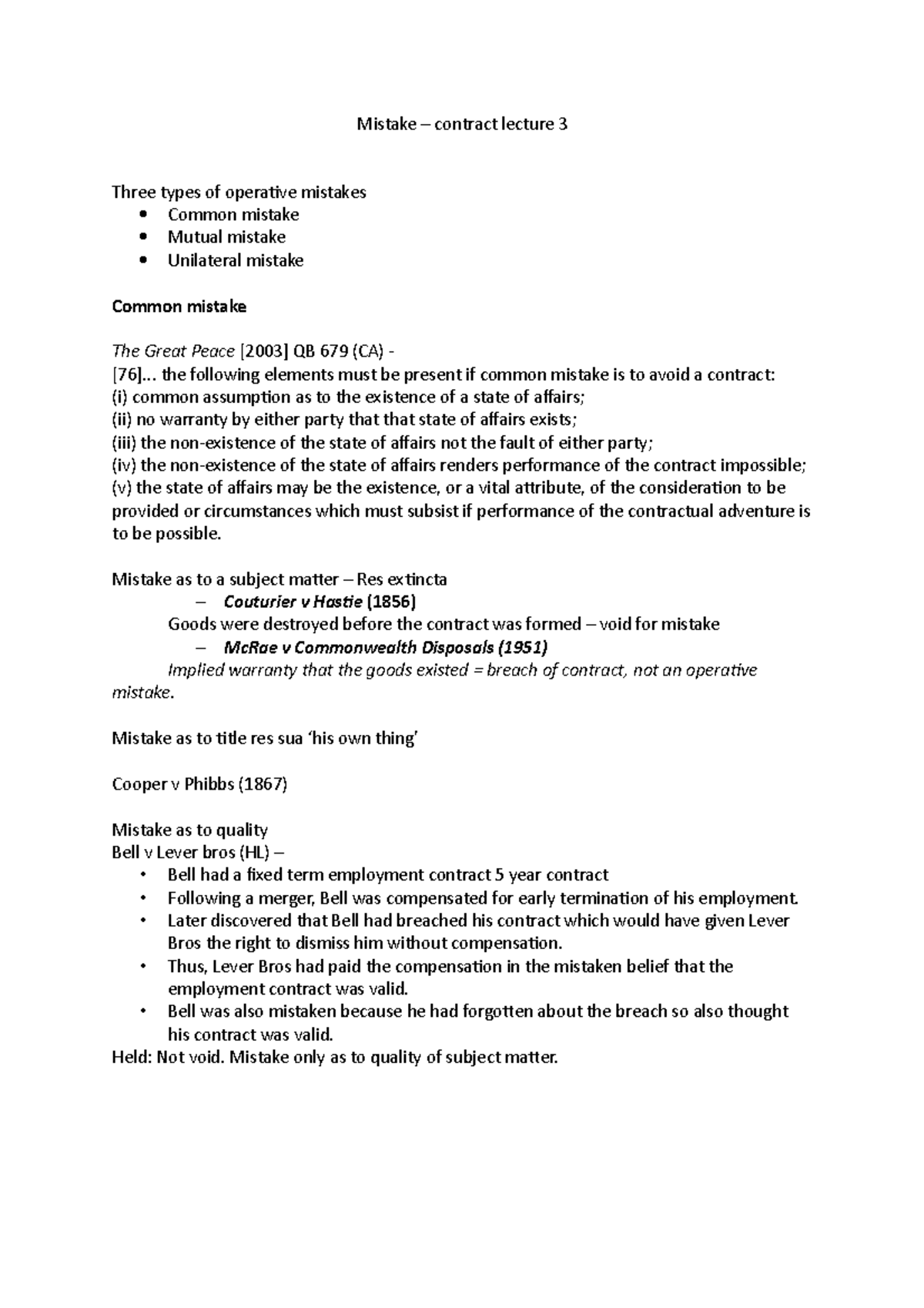 Mistake – contract lecture 3 - Mistake – contract lecture 3 Three types of operative mistakes ...