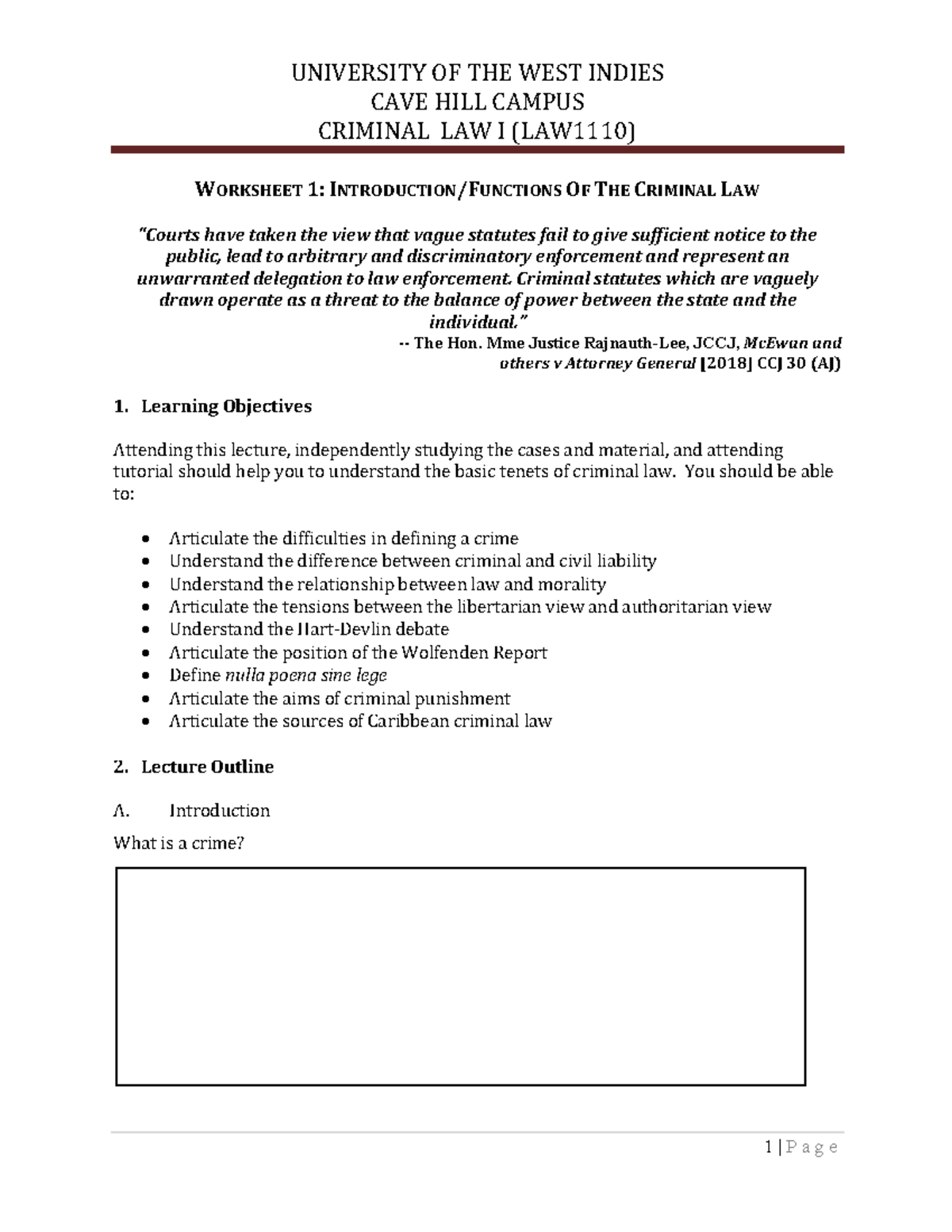 CAVE HILL Criminal Law I Worksheet 1- Nature and Functions of the ...