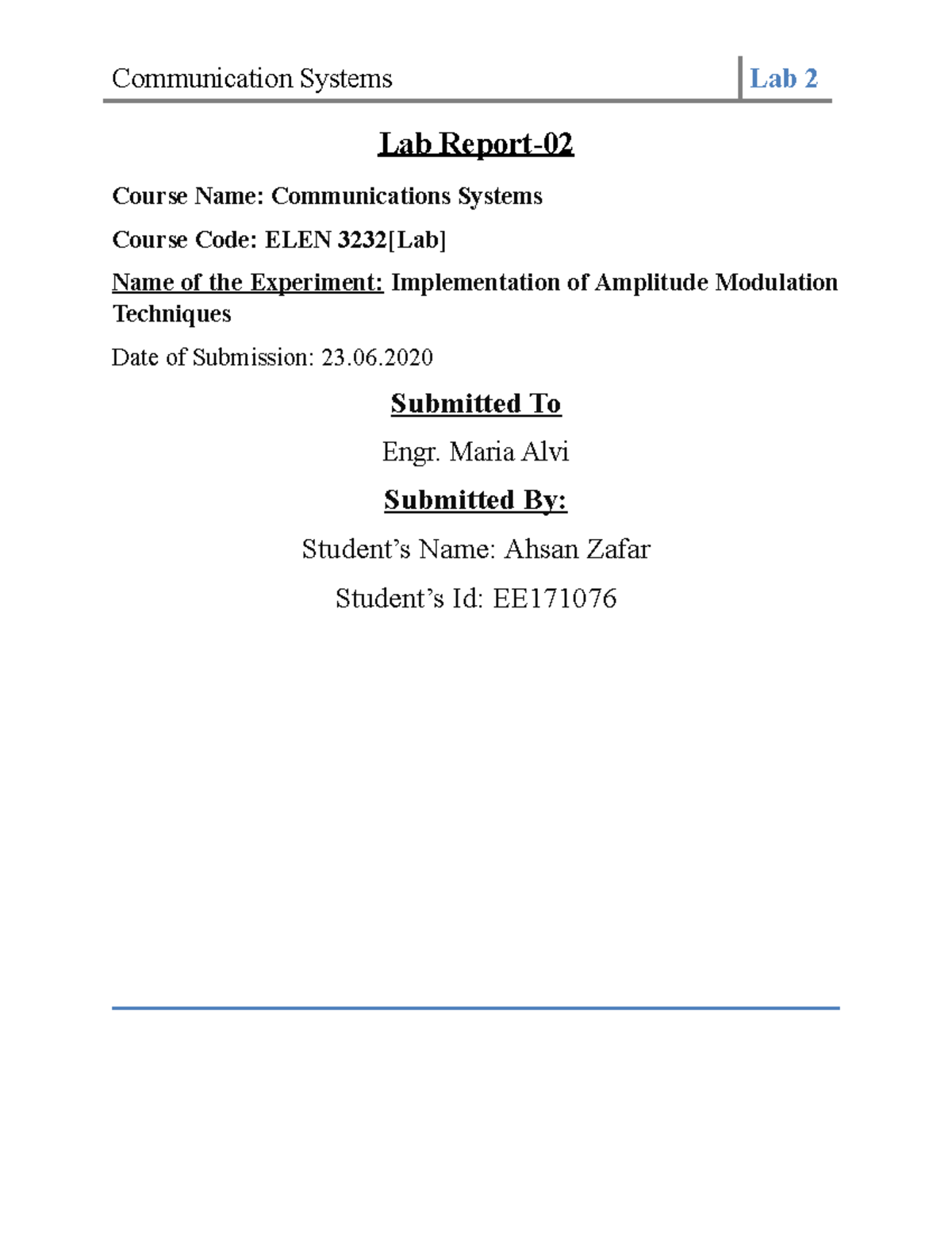 Lab 2 report (ee171076) - Lab Report- Course Name: Communications ...