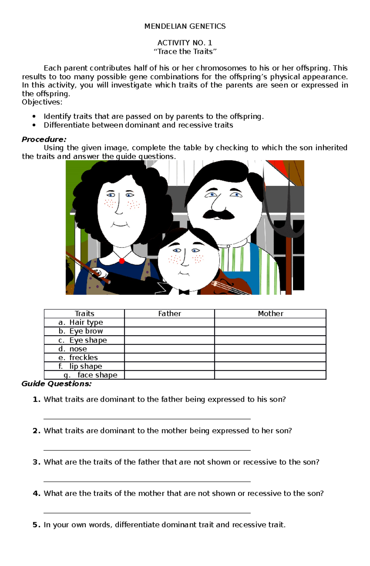 COT II Activity - MENDELIAN GENETICS ACTIVITY NO. 1 “Trace the Traits ...