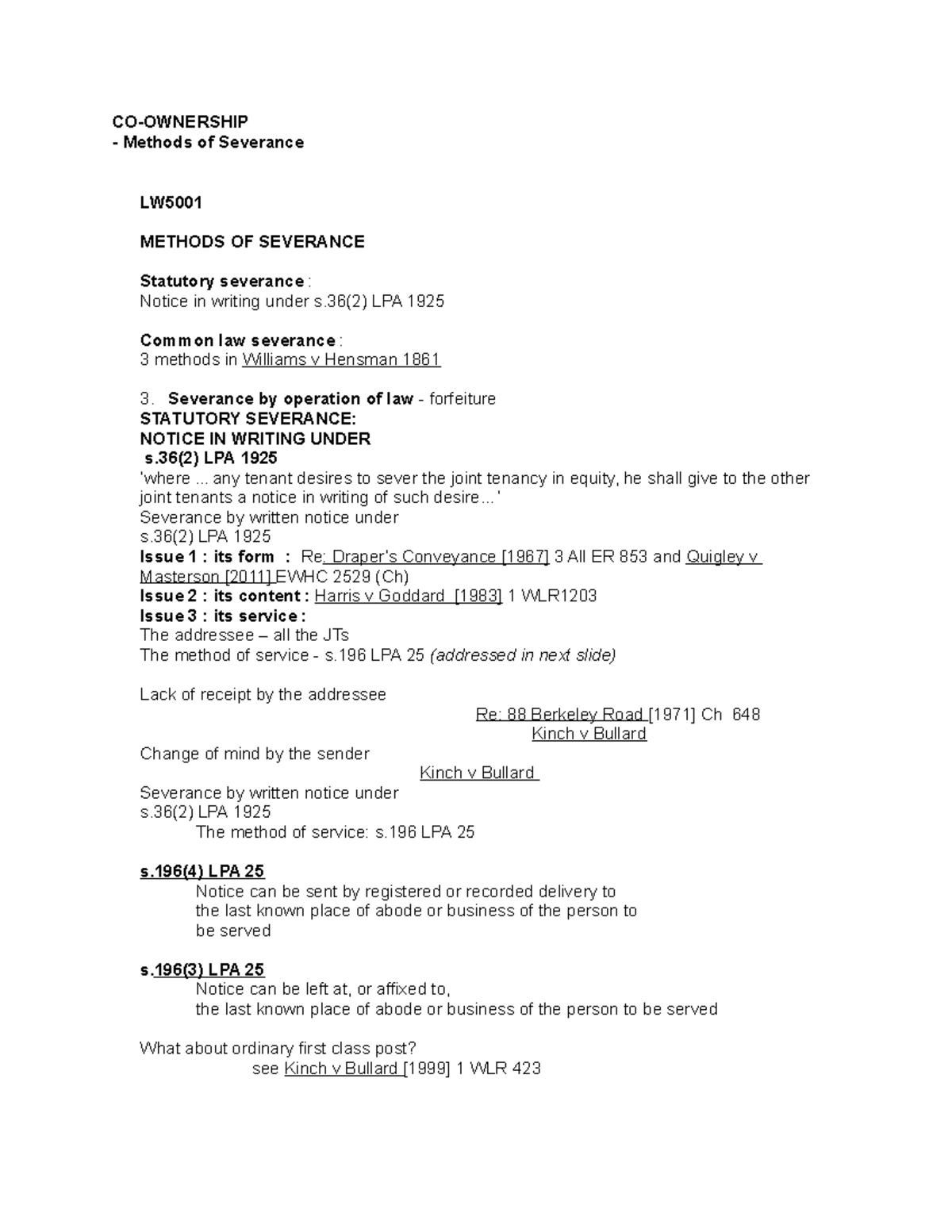 Methods of severance - Lecture notes 4 - CO-OWNERSHIP - Methods of ...