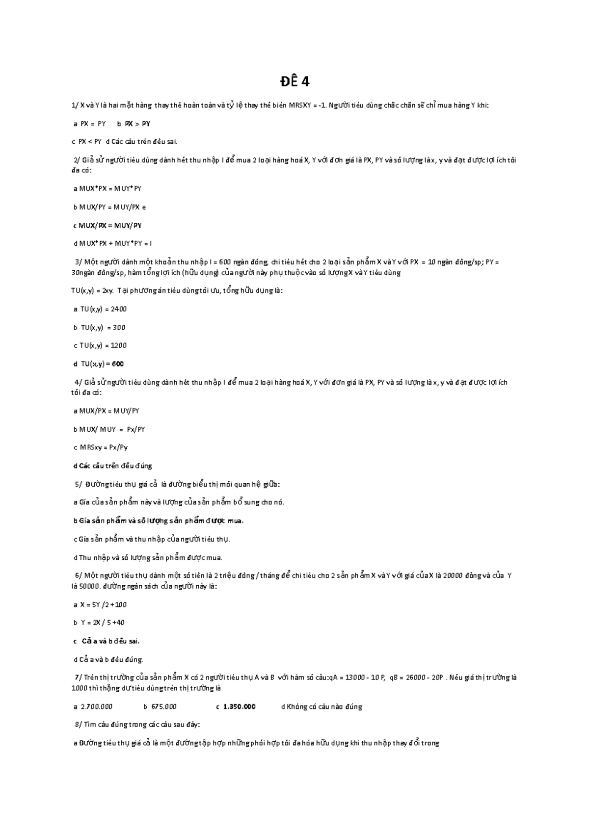 Ktvm 4 - trắc nghiệm kinh tế vi mô - ngành quản trị kinh doanh - năm 1 ...