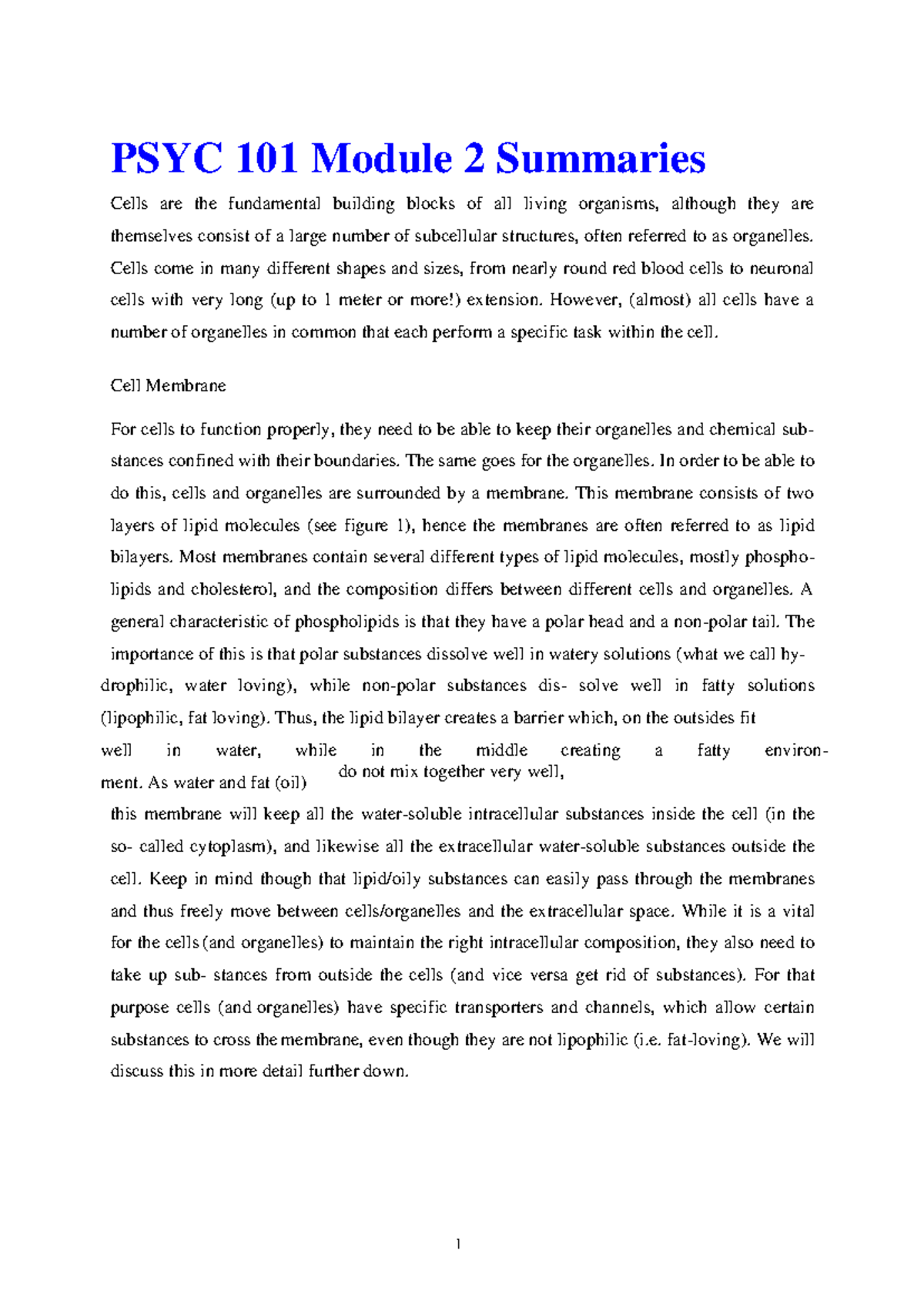 PSYC101 Module 2 Extended Summary - PSYC 101 Module 2 Summaries Cells ...