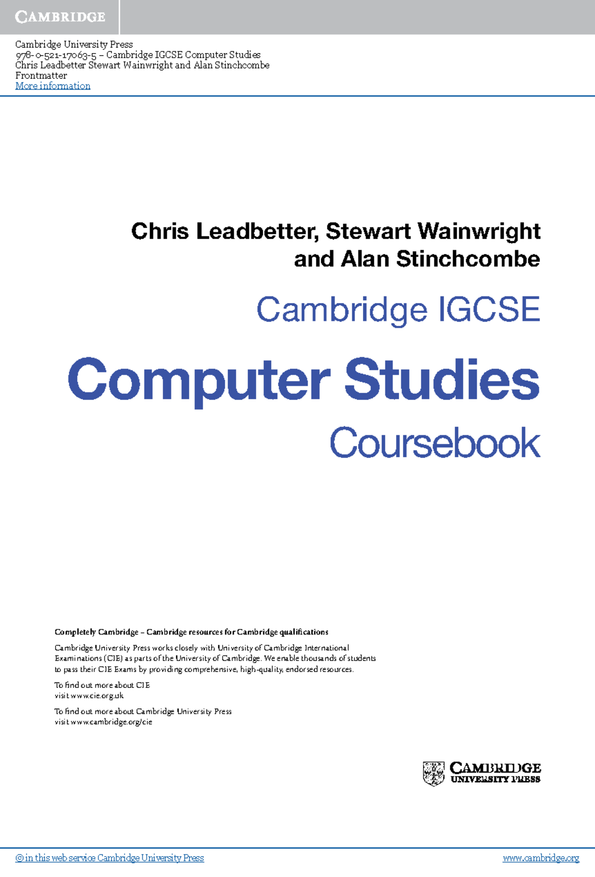 9780521170635 frontmatter - 978-0-521-17063-5 – Cambridge IGCSE Computer Studies Chris ...