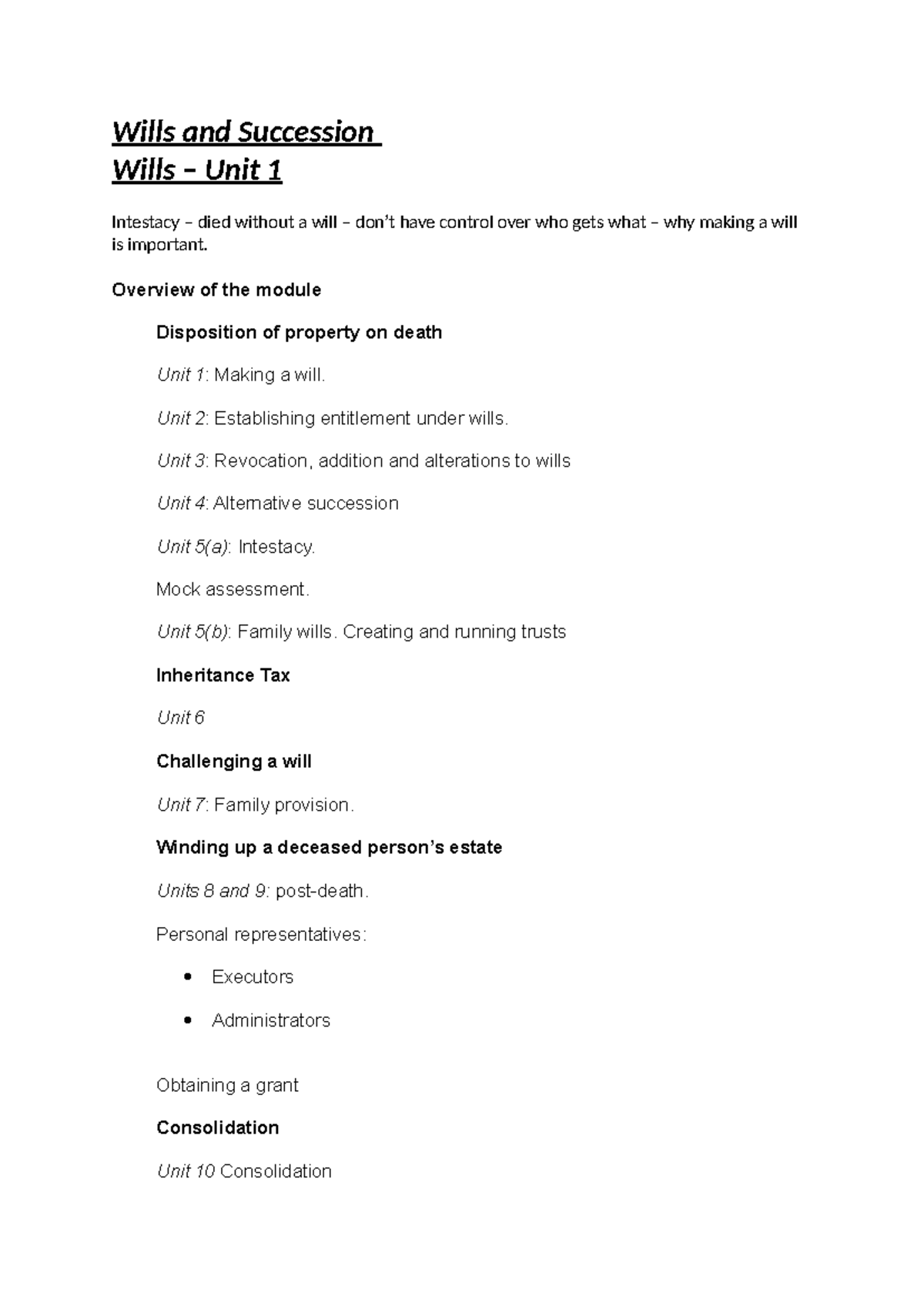 Wills and Succession Unit 1 - Wills and Succession Wills – Unit 1 ...