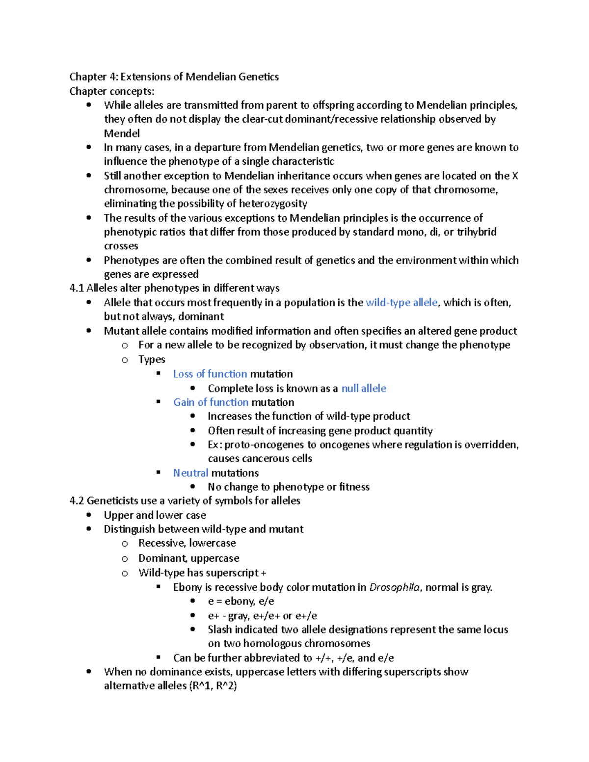2600 Chapter 4 Notes - Chapter 4: Extensions of Mendelian Genetics ...