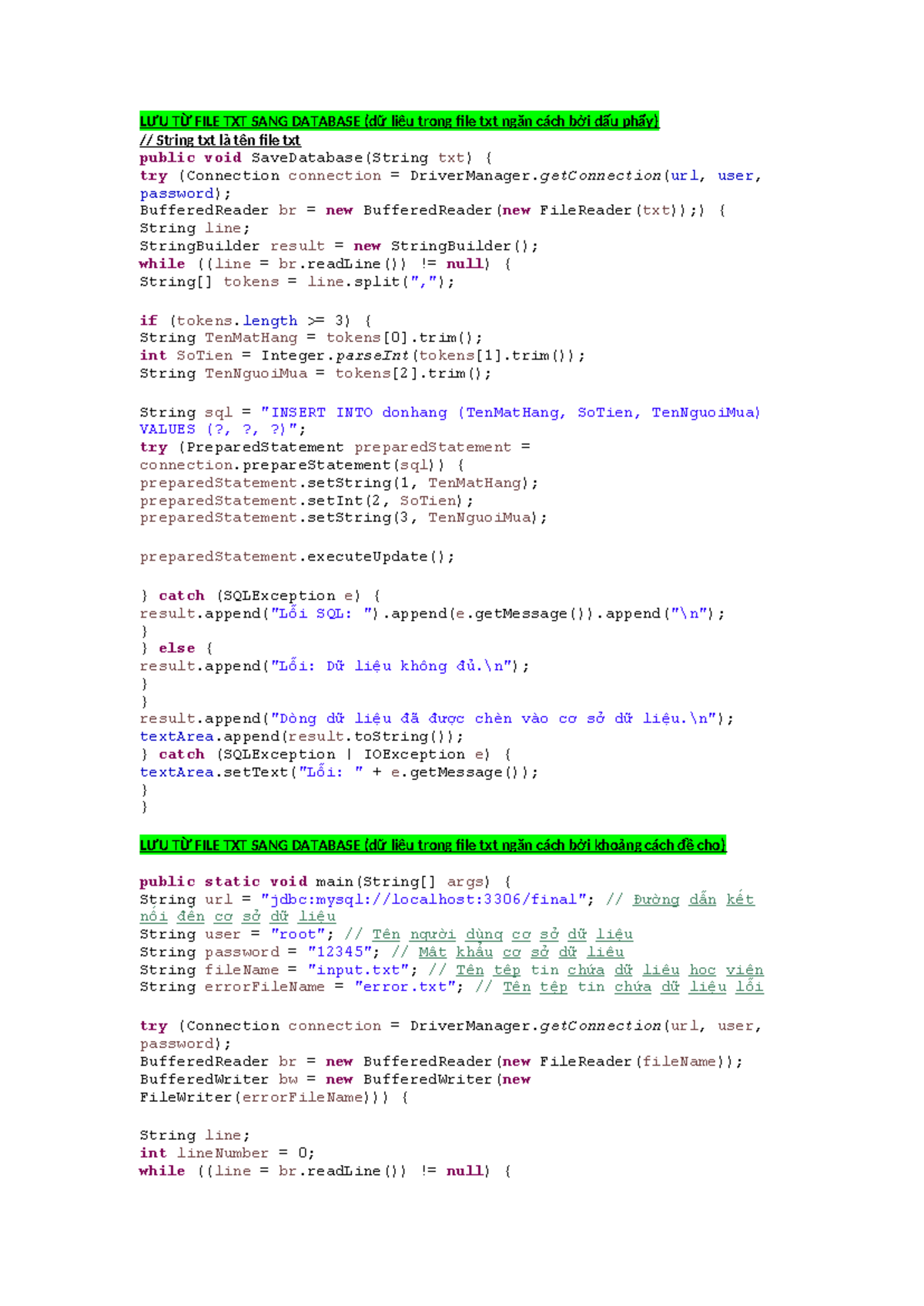 Mẫu Java - great - LƯU TỪ FILE TXT SANG DATABASE (dữ liệu trong file txt ngăn cách bởi dấu phẩy ...
