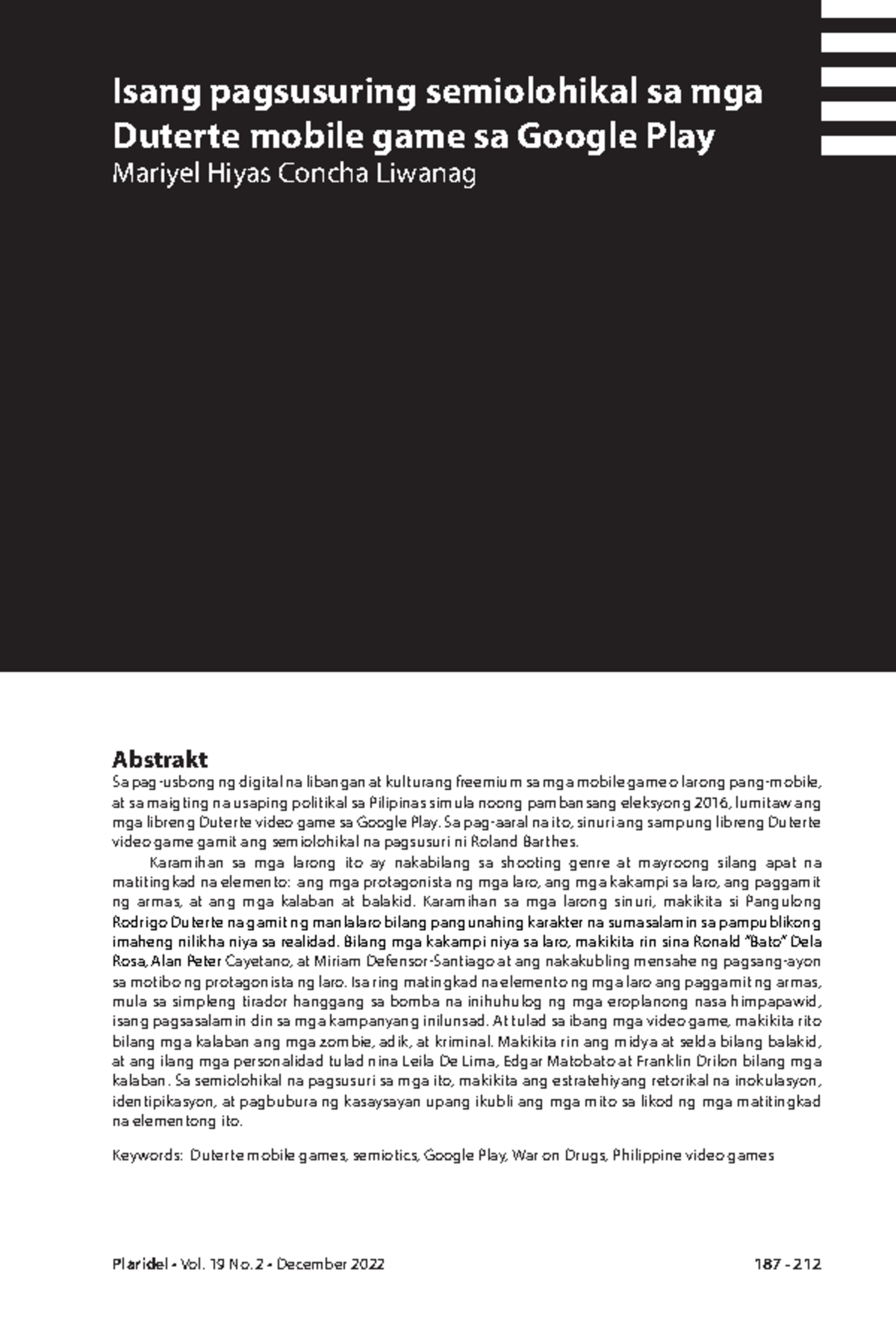 2022-02-Liwanag - jhjhjh - Plaridel • Vol. 19 No. 2 • December 2022 187 - 212 Isang pagsusuring ...