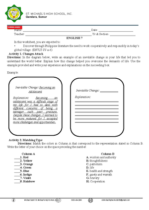 Grade 7 Activity - ENGLISH 7 - ST. MICHAEL’S HIGH SCHOOL, INC. Gandara ...