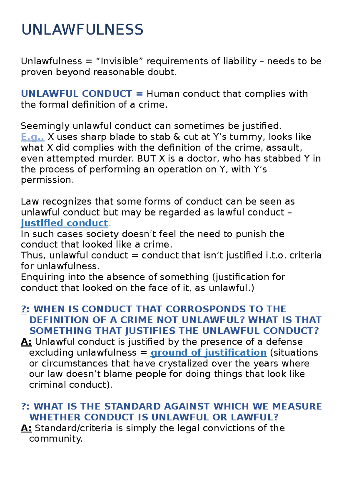 TERM 2 Lecture Notes - UNLAWFULNESS Unlawfulness = “Invisible ...