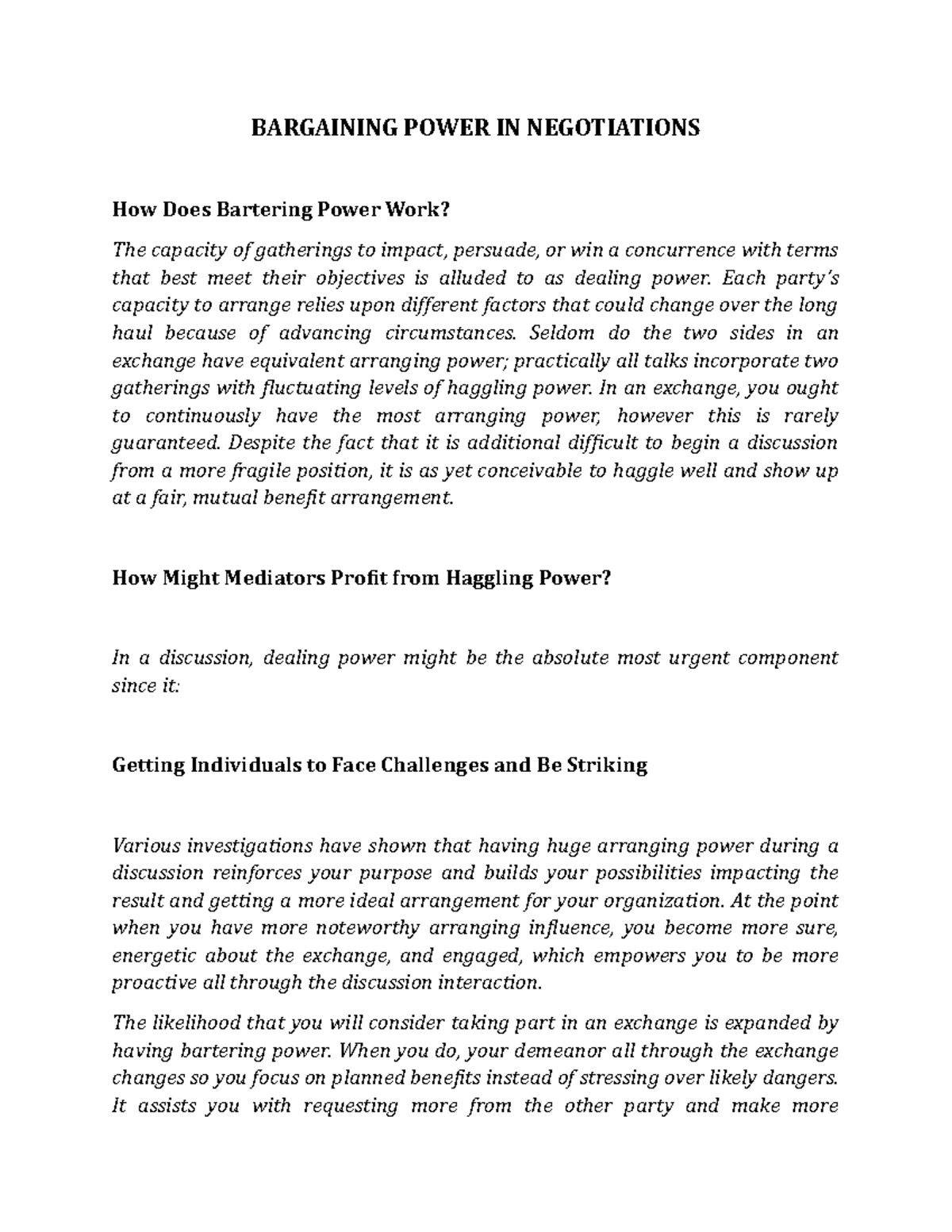 Bargaining Power IN Negotiations - BARGAINING POWER IN NEGOTIATIONS How ...