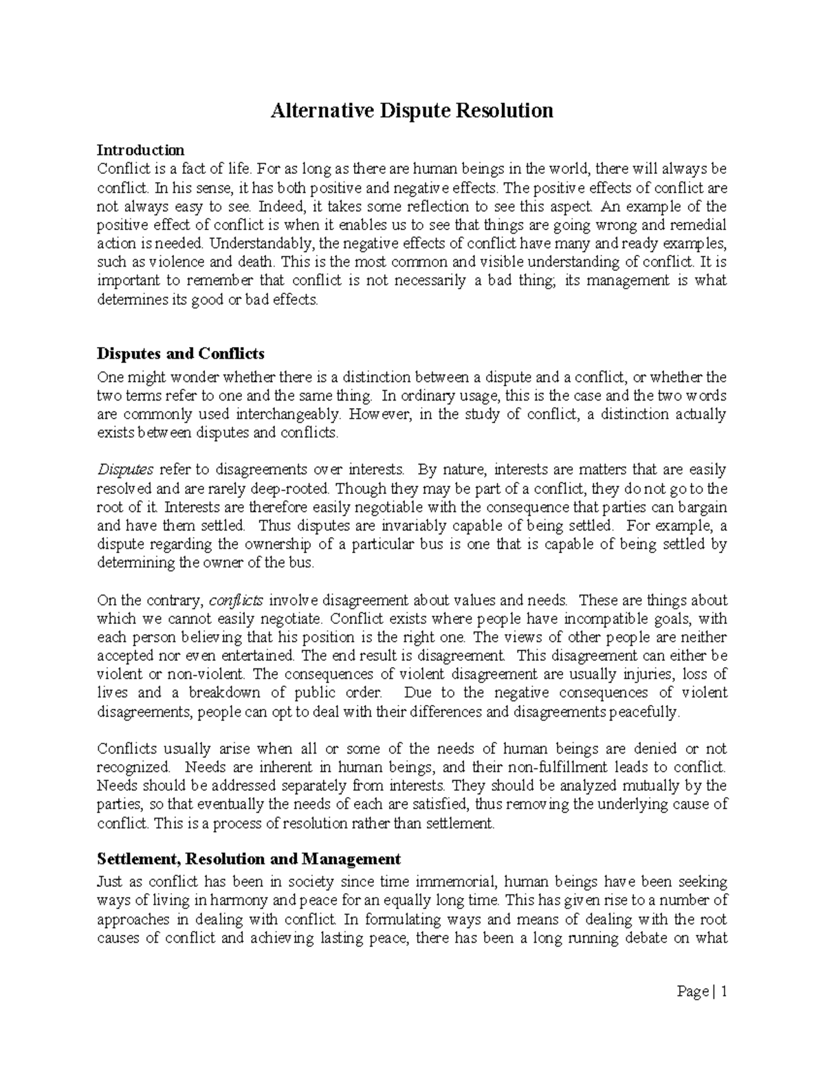 Alternative Dispute Resolution - Alternative Dispute Resolution Introduction Conflict is a fact ...