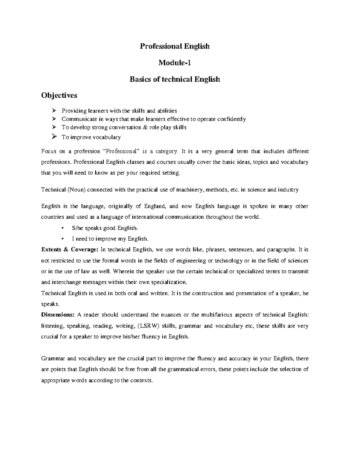 Notes-english-1 - Lecture notes 1 - Professional English Module- 1 ...
