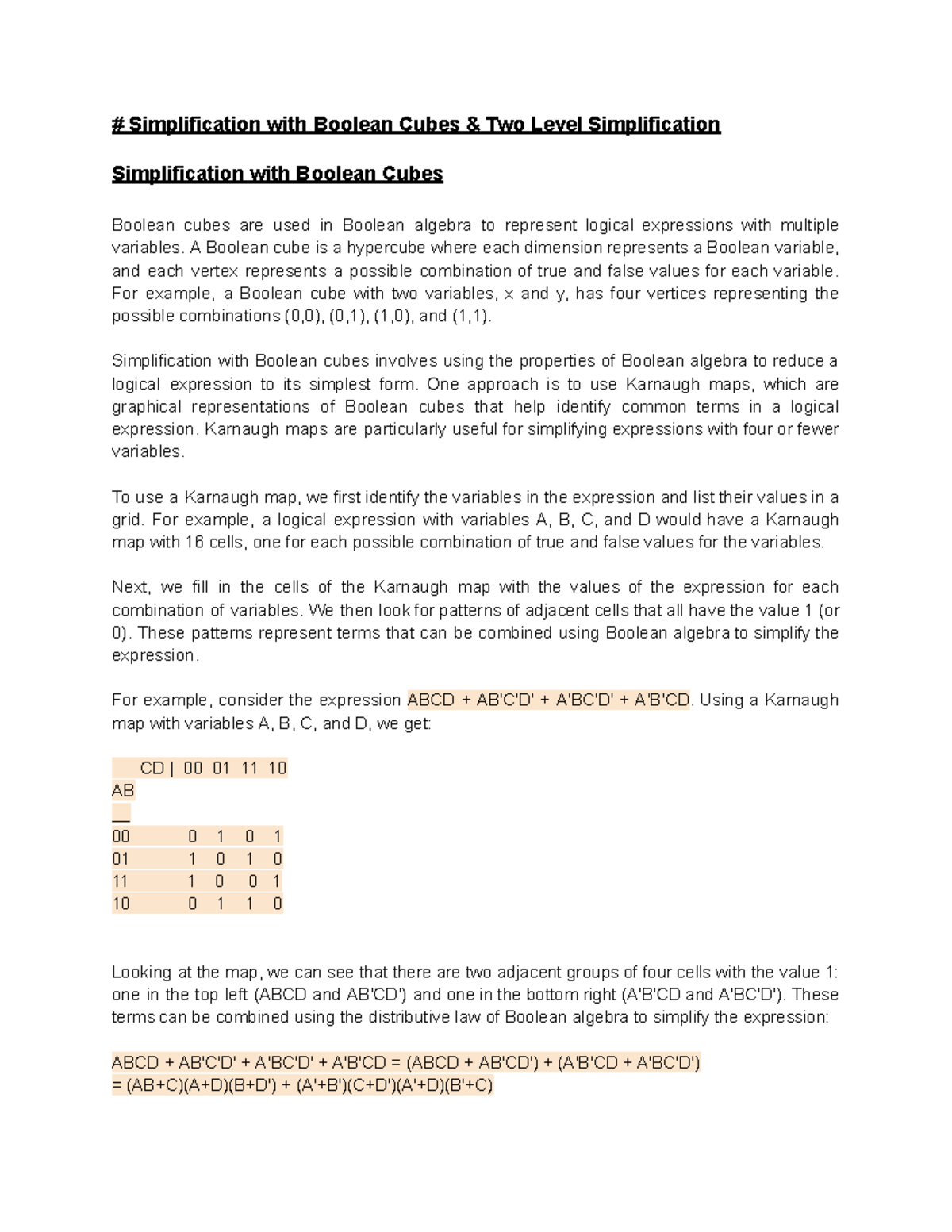 Simplification With Boolean Cubes Two Level Simplification Summary Simplification With