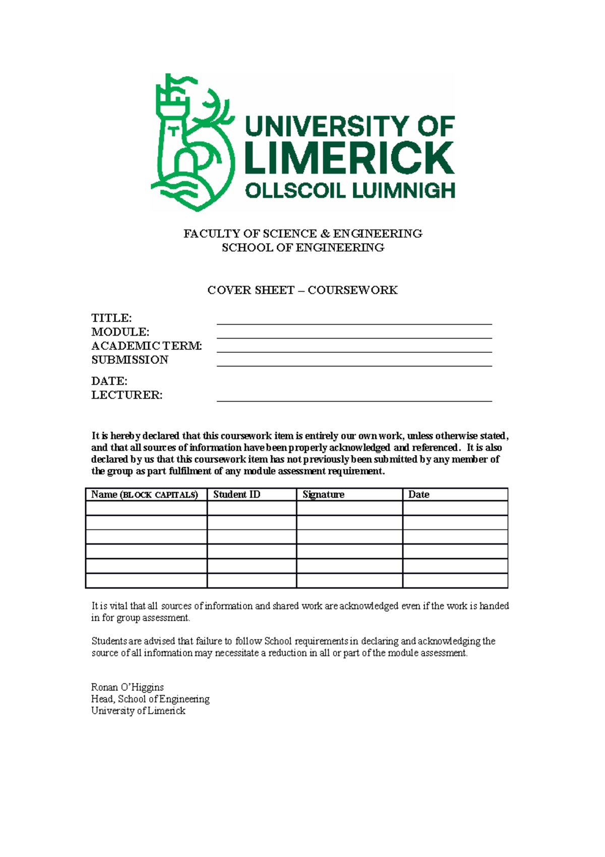 Coursework Cover Sheet So E 2021 - FACULTY OF SCIENCE & ENGINEERING SCHOOL OF ENGINEERING COVER ...