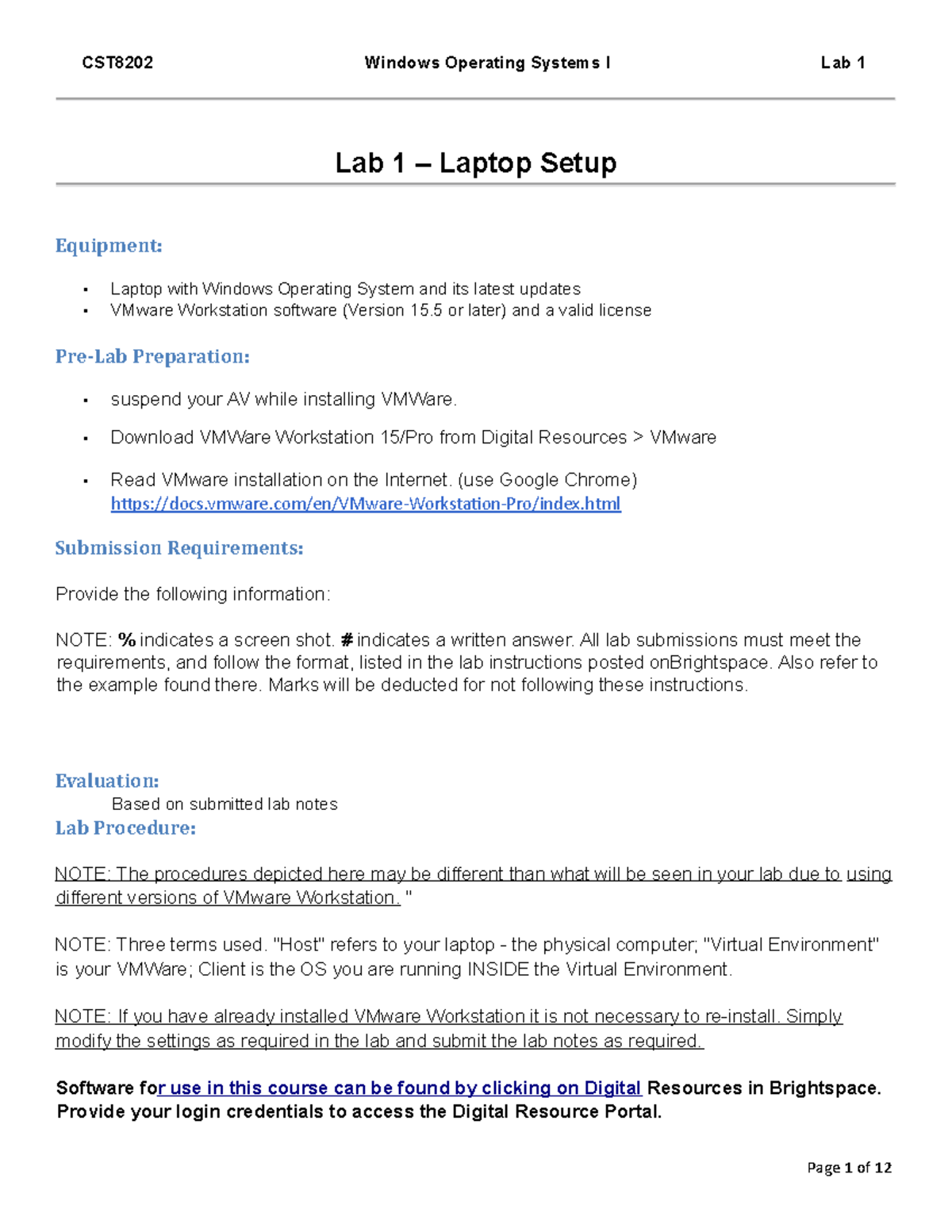 Lab 1 - Laptop Setup Rev Sept 2019 - Lab 1 – Laptop Setup Equipment ...