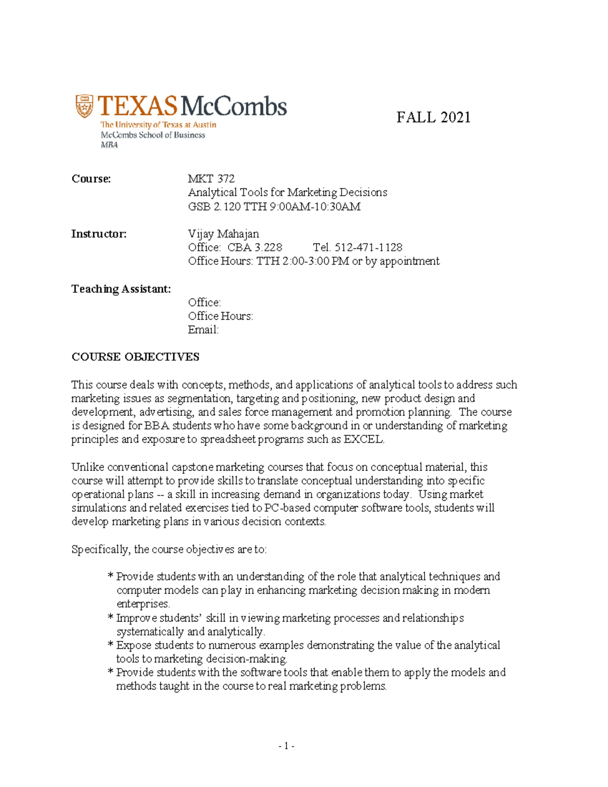 Mkt 372 Analytical Tools For Marketing Decisions Syllabus Mahajan Fall 2021 Course Mkt 372