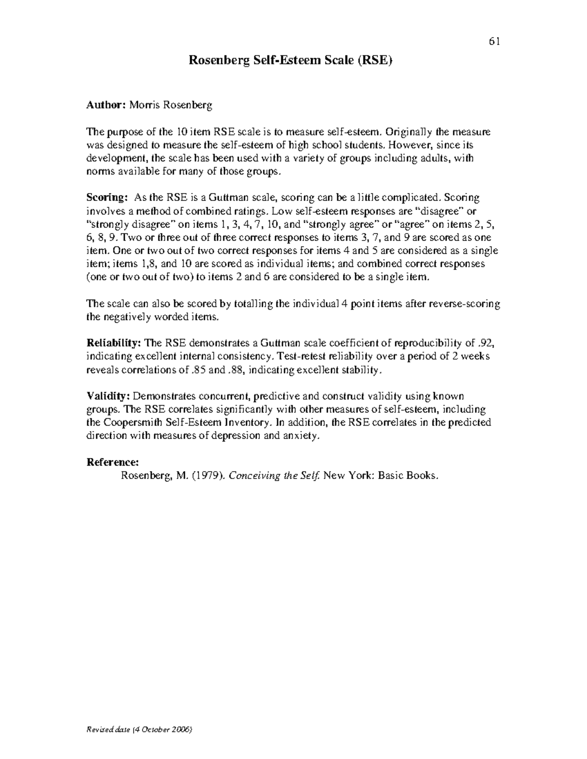Rosenberg self esteem scoring - Revised date (4 October 2006) 61 ...