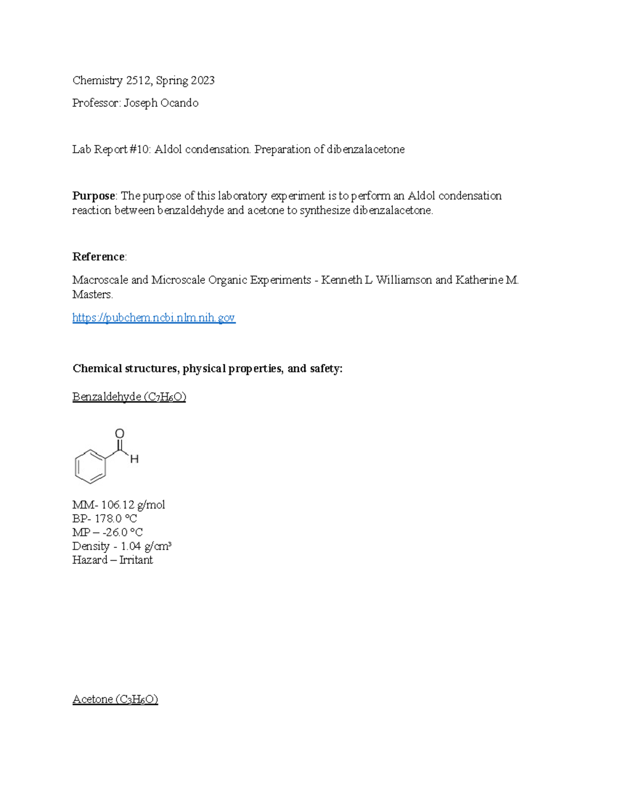 Organic Chemistry 2 Lab report 10 - Chemistry 2512, Spring 2023 ...