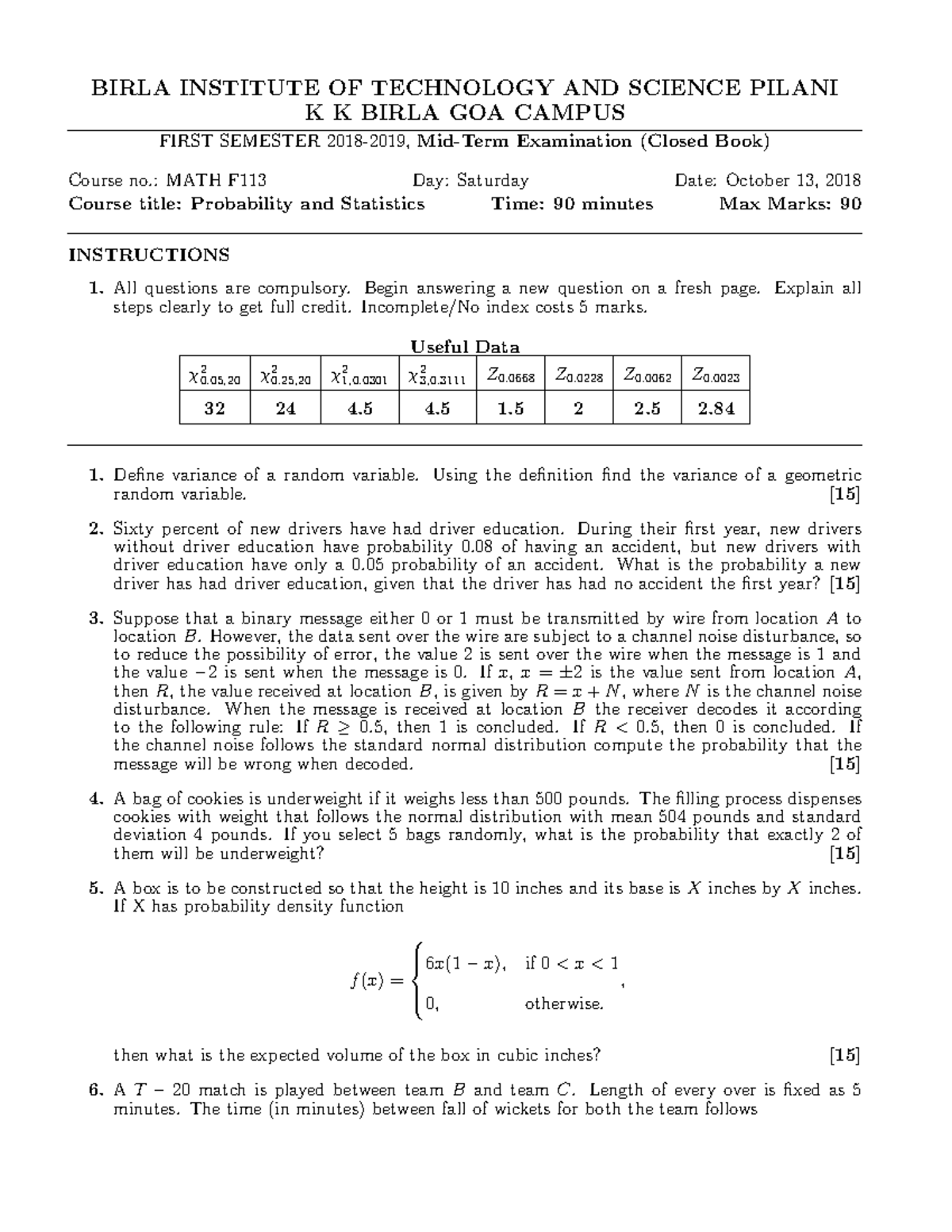 Midterm 1st sem 2018 - exam paper - BIRLA INSTITUTE OF TECHNOLOGY AND ...