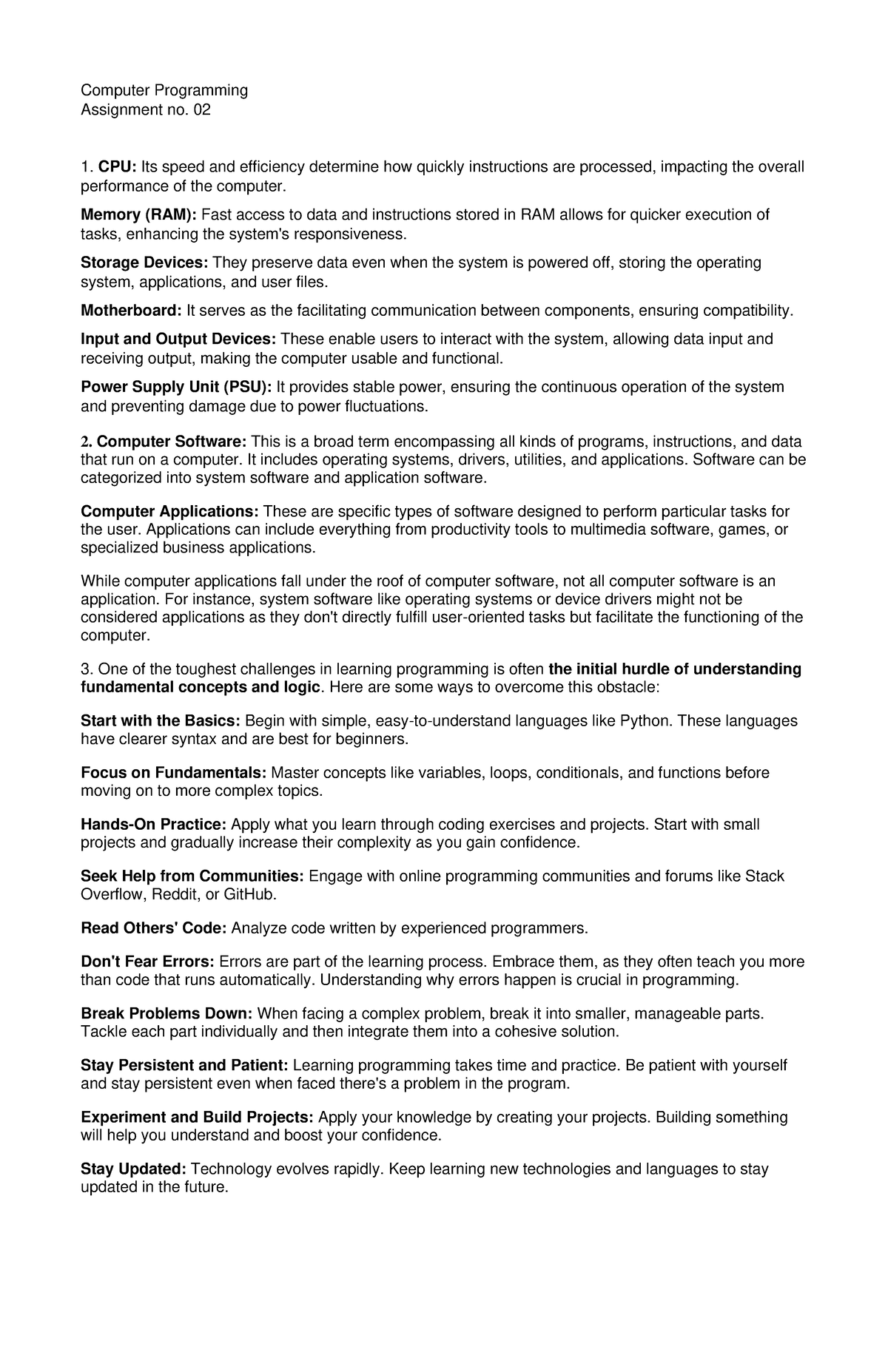 Assignment no. 2 - Computer Programming Assignment no. 02 CPU: Its speed and efficiency ...