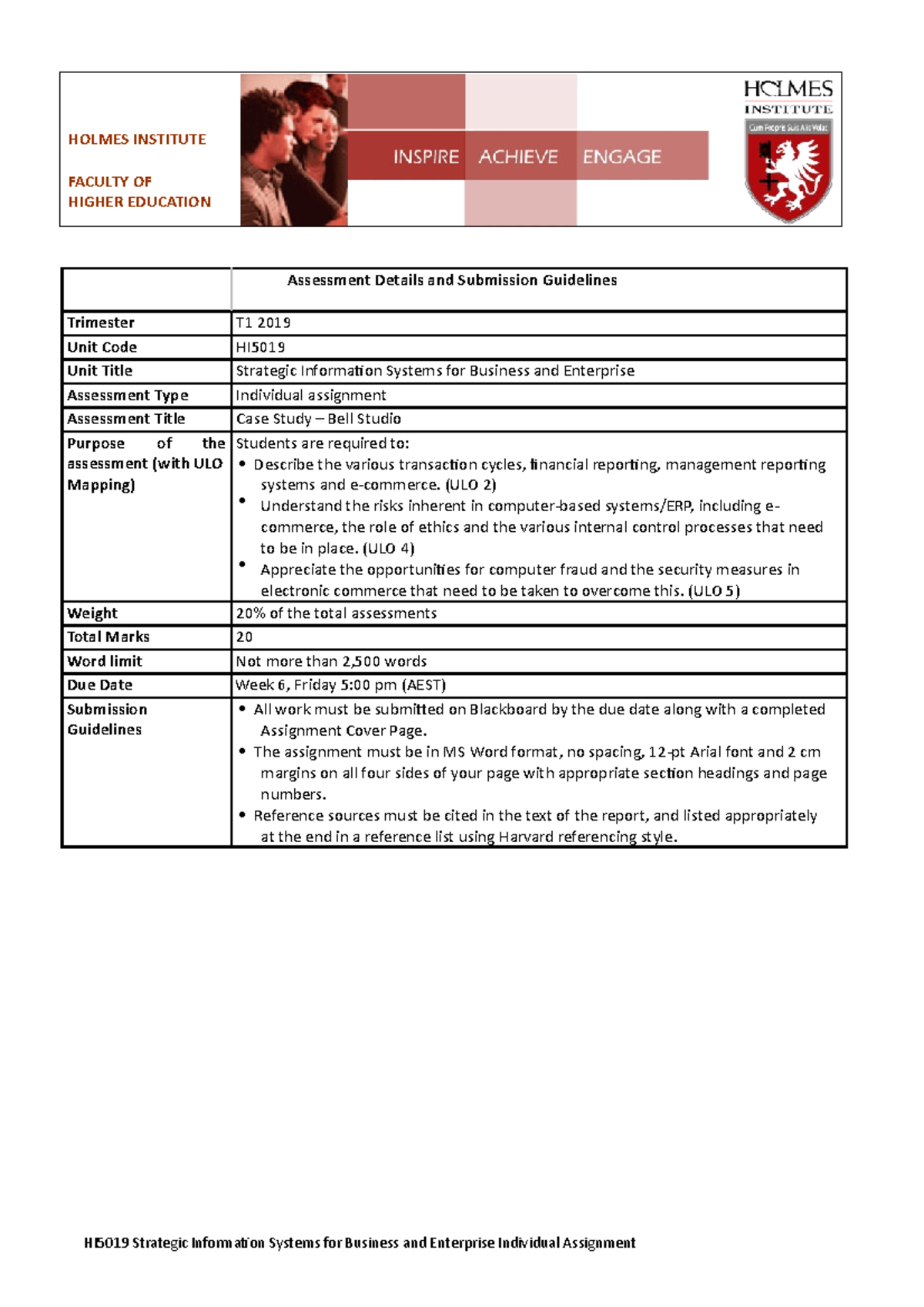 HI5019 Individual Assignment T1 2019 - HOLMES INSTITUTE FACULTY OF ...