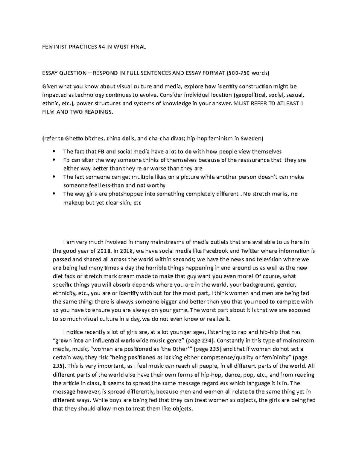 Feminist Practices - essay question #4 - FEMINIST PRACTICES #4 IN WGST ...
