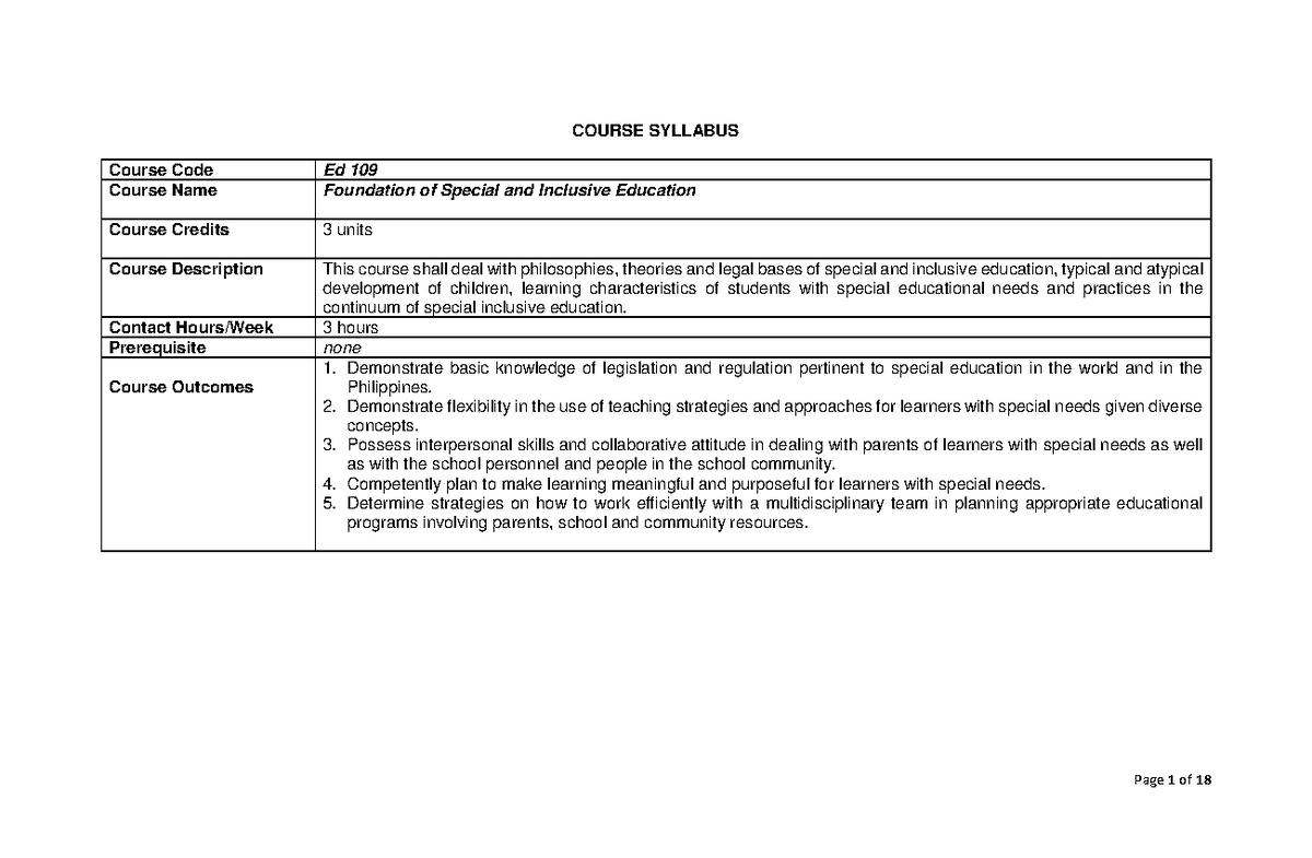 Final+Exercise Reyes - special education - COURSE SYLLABUS Course Code ...