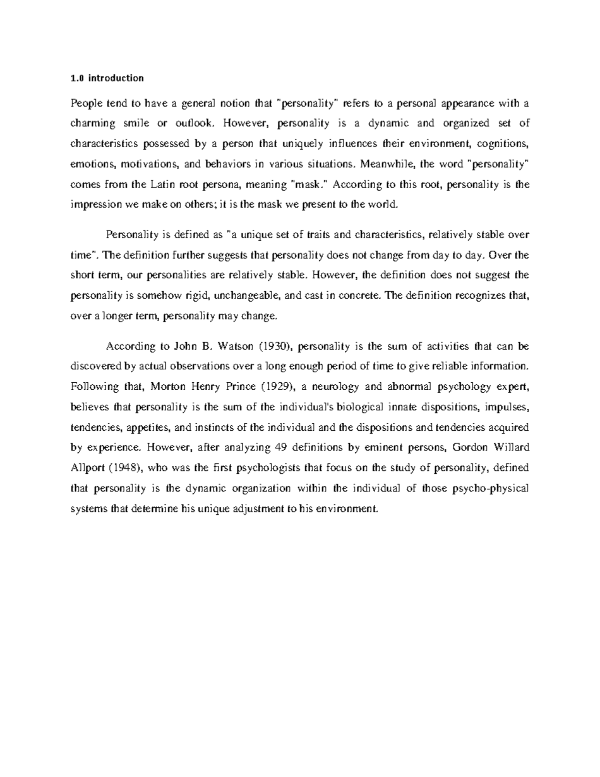 Assignment of personality - 1 introduction People tend to have a ...