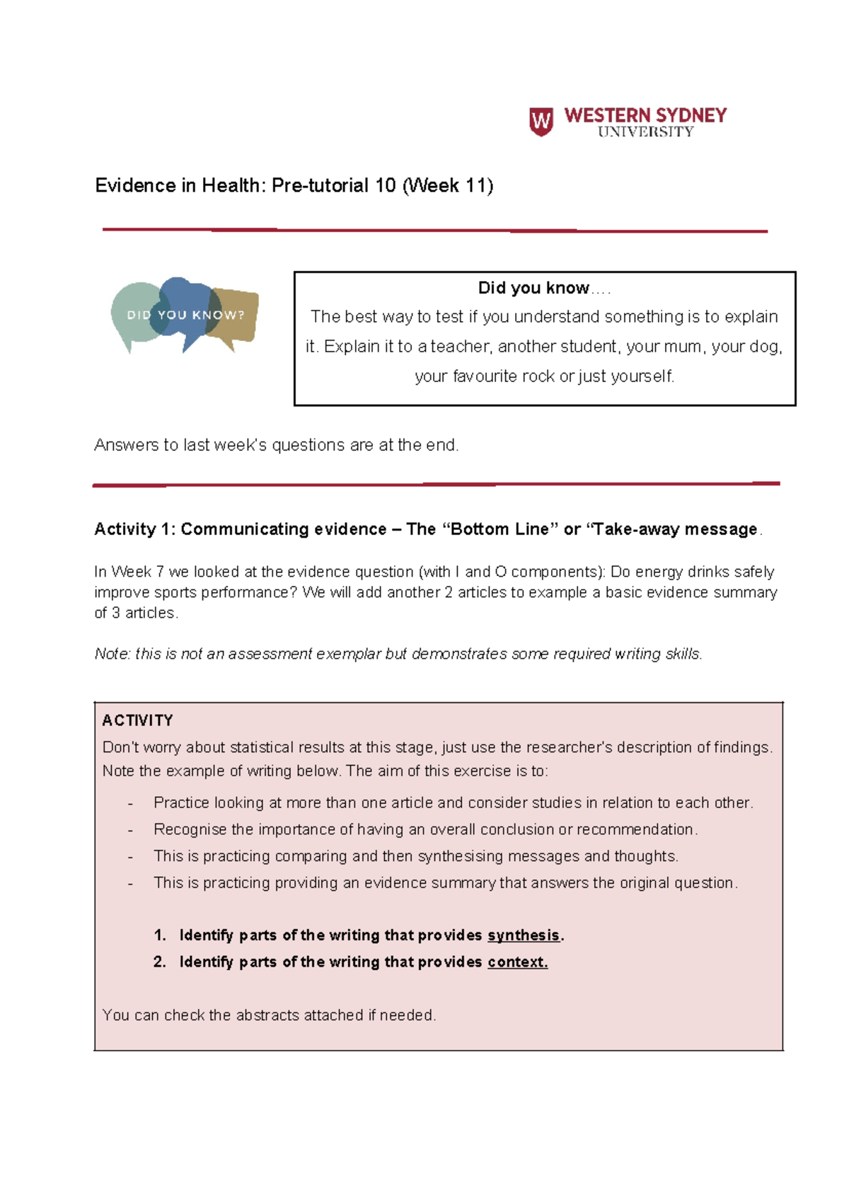 EIH Pre-tutorial 10 (Week 11 ) 2024 - Evidence in Health: Pre-tutorial ...