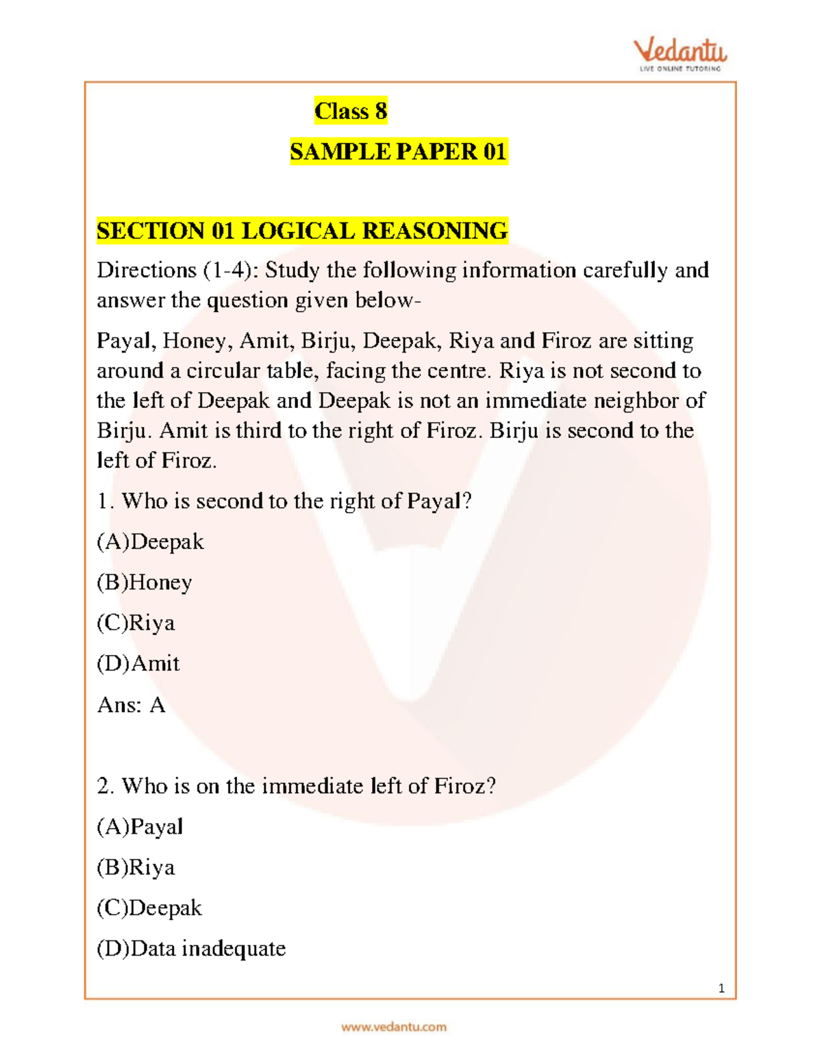 IMO Class 8 Sample Question Paper-1 for the year 2024-25 - Class 8 ...