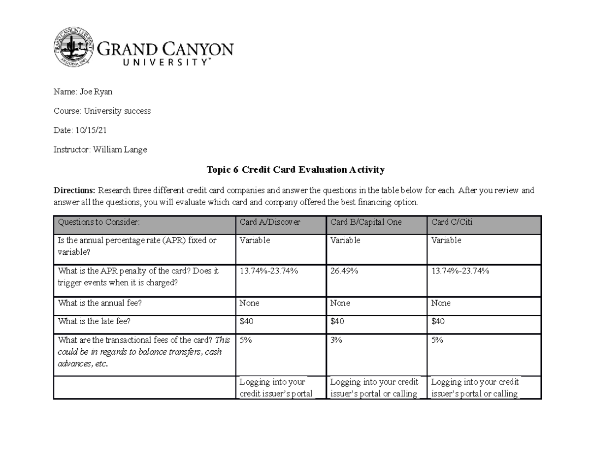 Credit Card assignment for University Success - Name: Joe Ryan Course ...