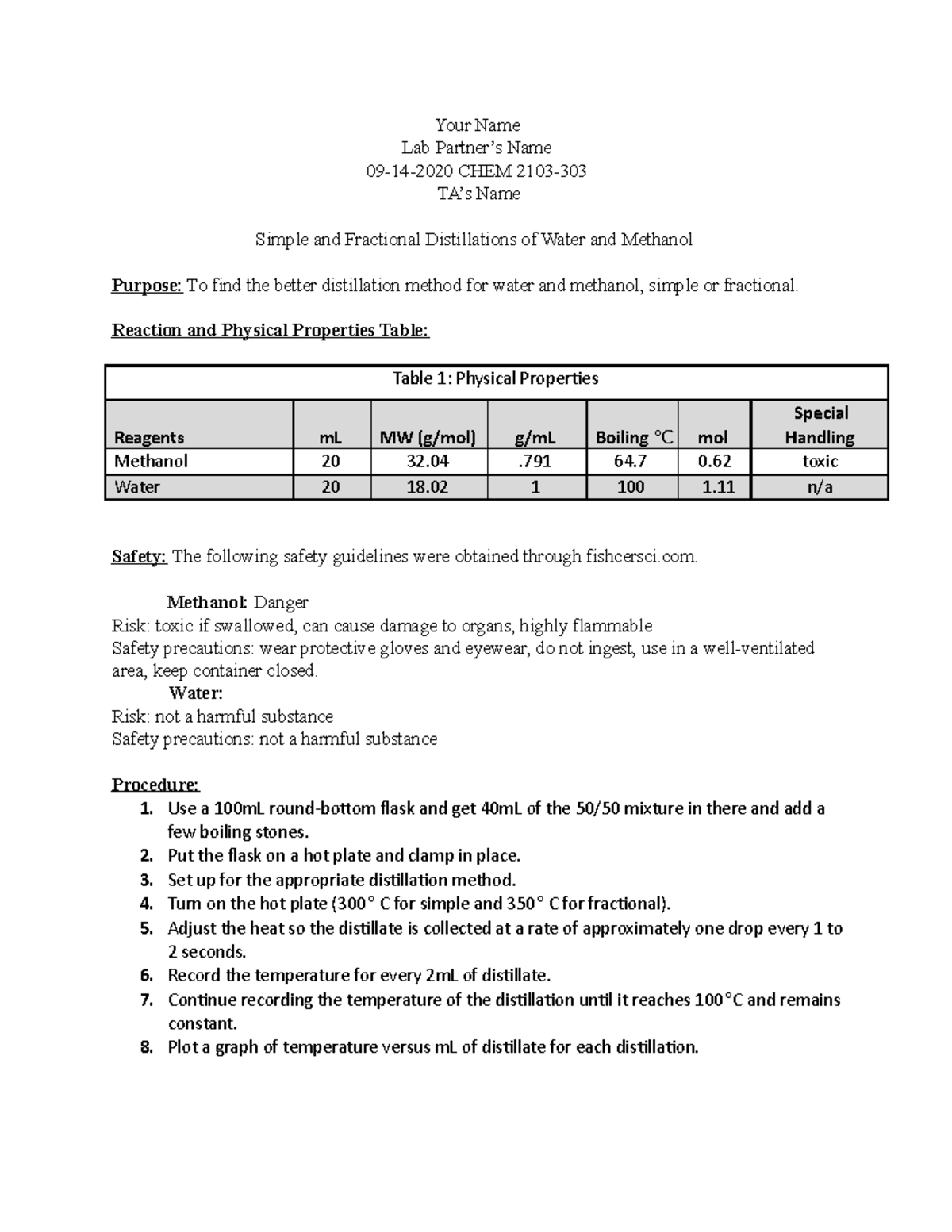 Sample Lab Report 1 - Your Name Lab Partner’s Name 09-14-2020 CHEM 2103 ...