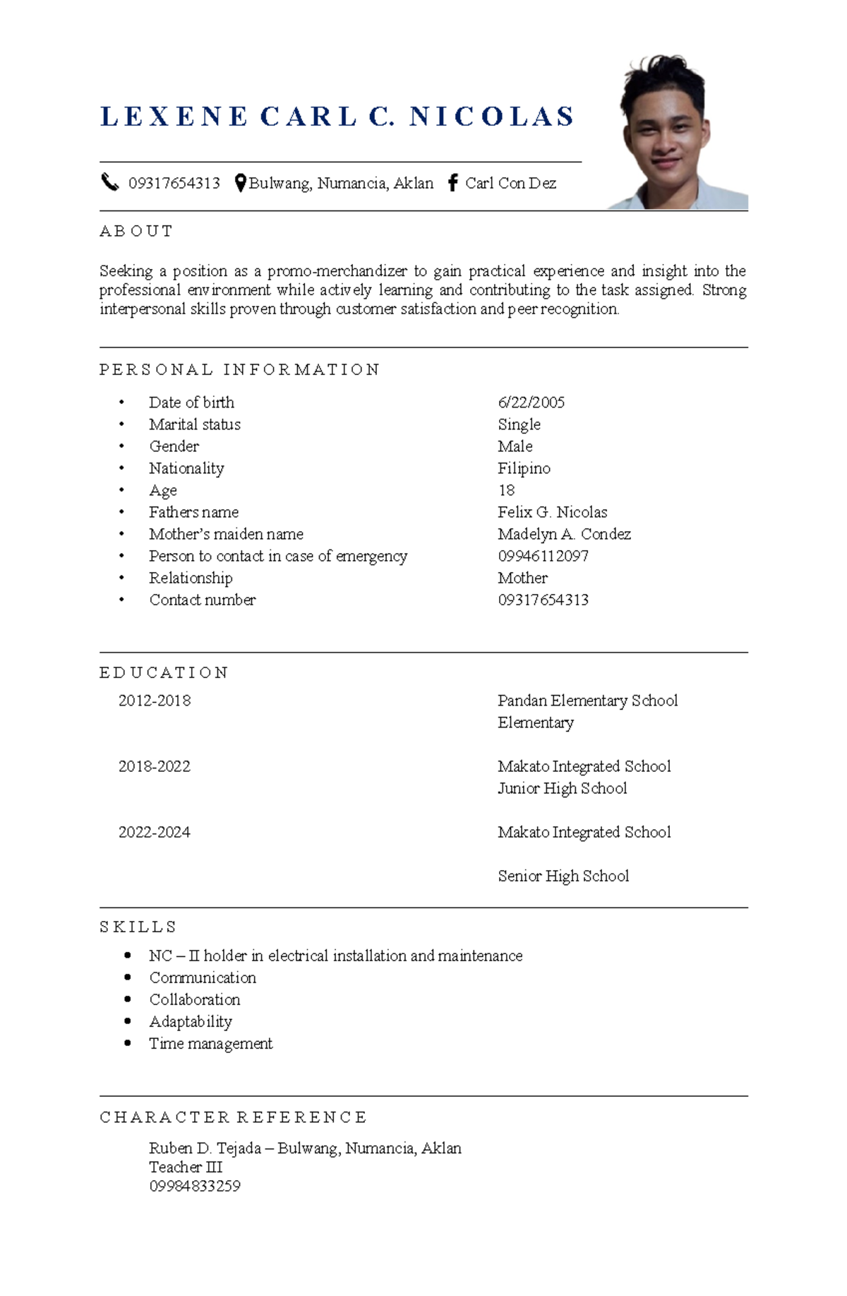 Resume ( Lexene CARL Condez) - L E X E N E C A R L C. N I C O L A S ...