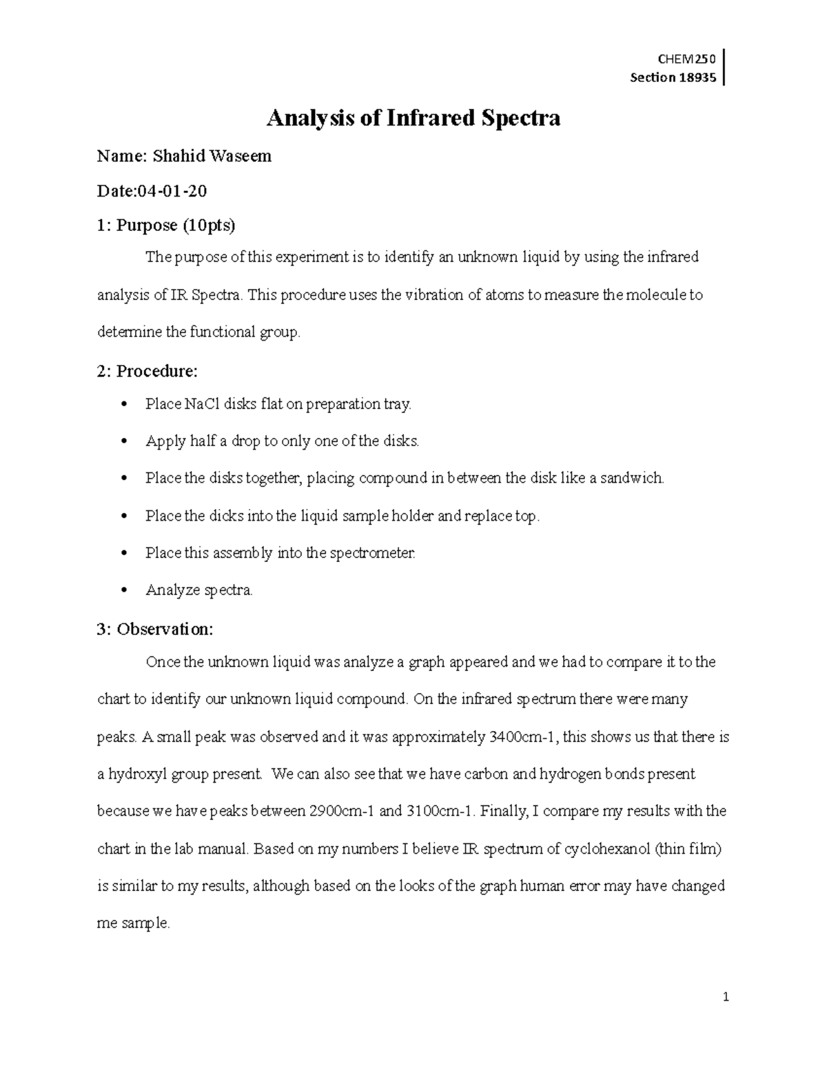 Analysis of infrared spectra - CHEM Section 18935 Analysis of Infrared ...