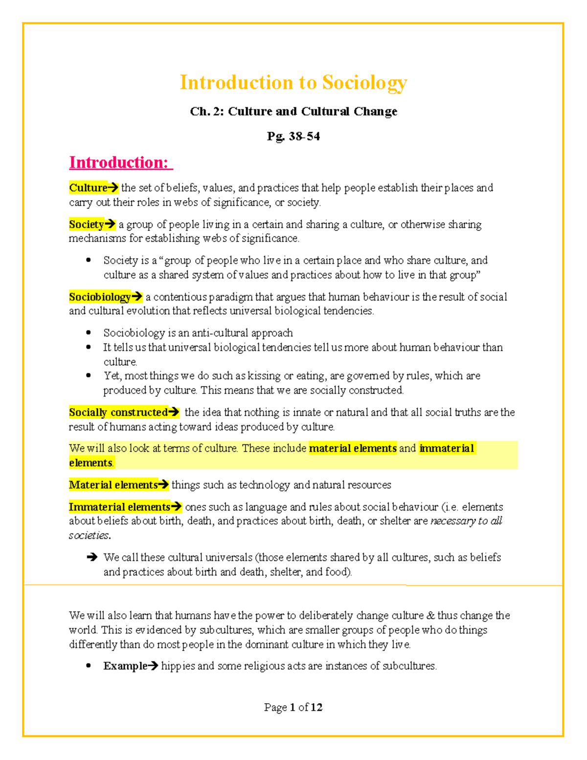 Sociology Ch 2 Note - note - Introduction to Sociology Ch. 2: Culture ...