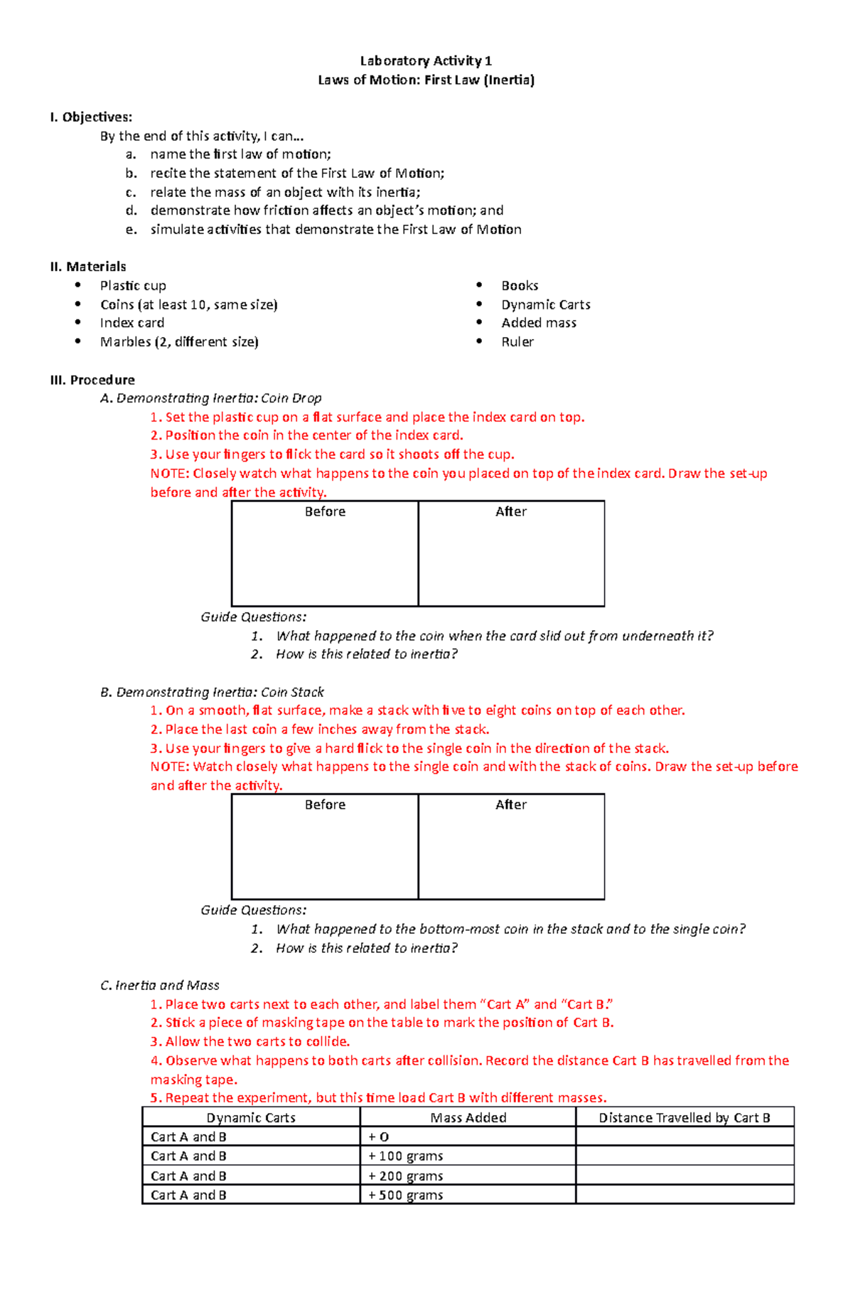 Laboratory-Activity-1 - Laboratory Activity 1 Laws of Motion: First Law ...
