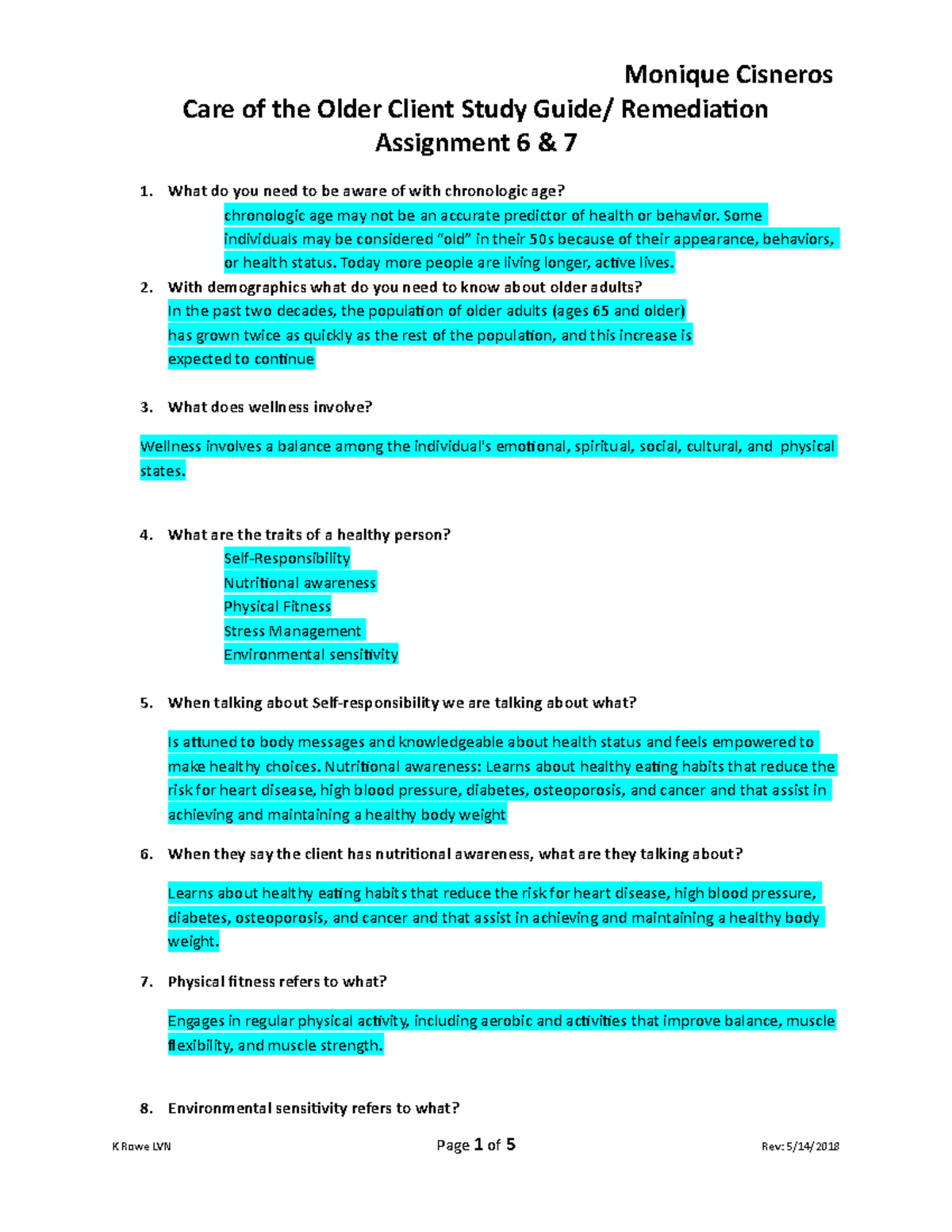 Assignment Care of the Older Client Study Guide/ Remediation - Care of ...