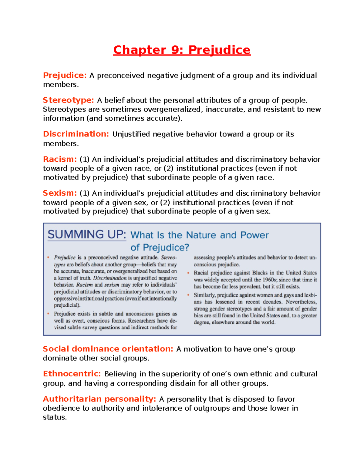 Study Guide Exam III - Chapter 9: Prejudice Prejudice: A preconceived ...