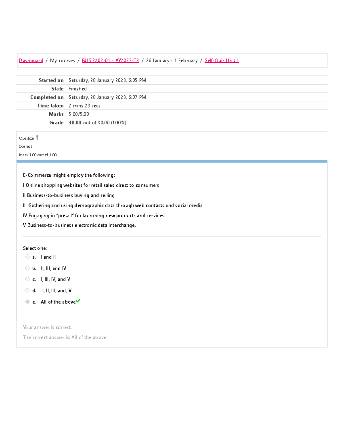 Self Quiz Unit 1 Attempt 2 Review Started On Saturday 28 January 2023 6 05 Pm State Finished