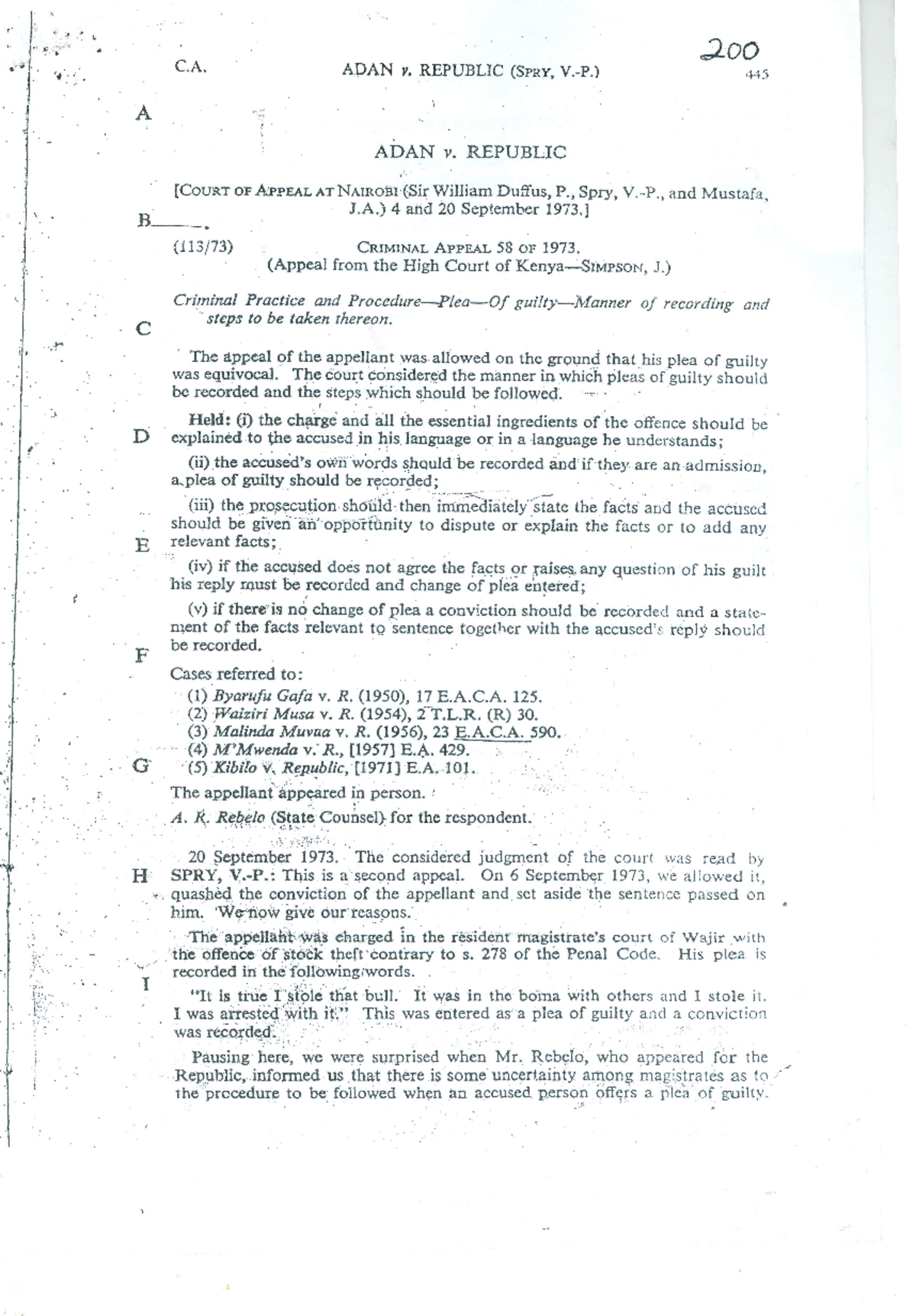 Adan V R - Case of Adan - Criminal Procedure - Studocu