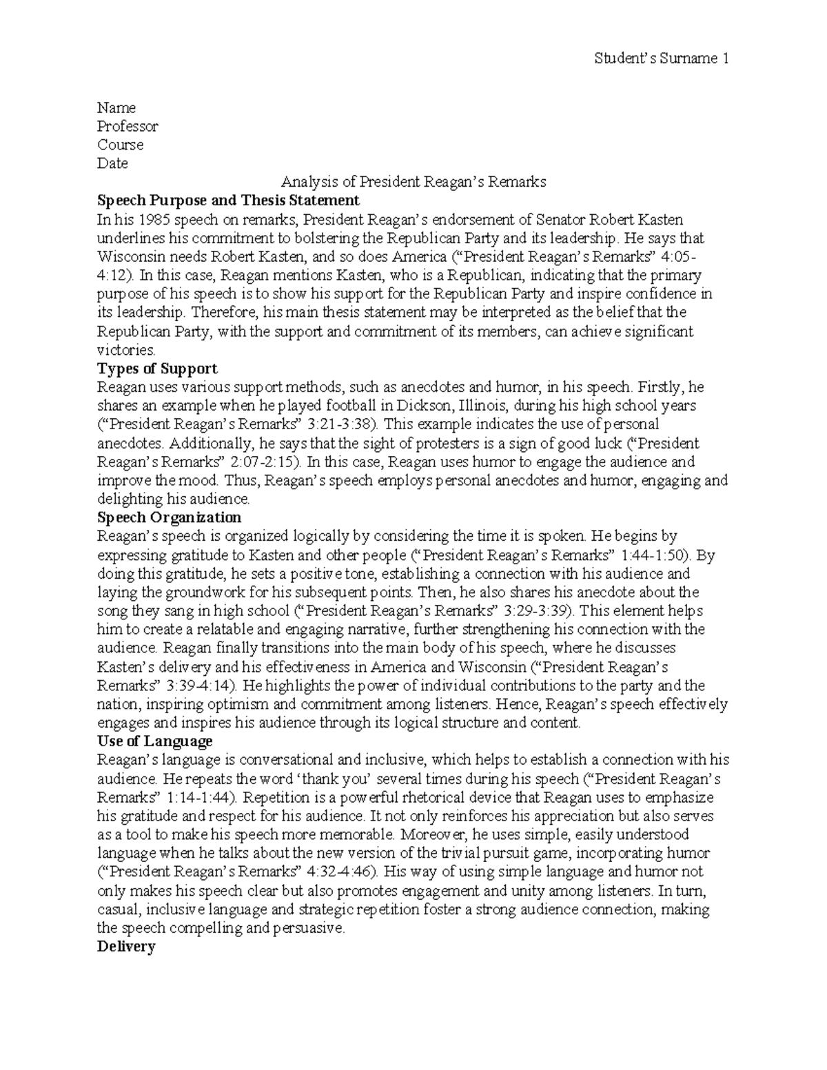 Analysis of President Reagan’s Remarkss 1985peach - Student’s Surname 1 ...