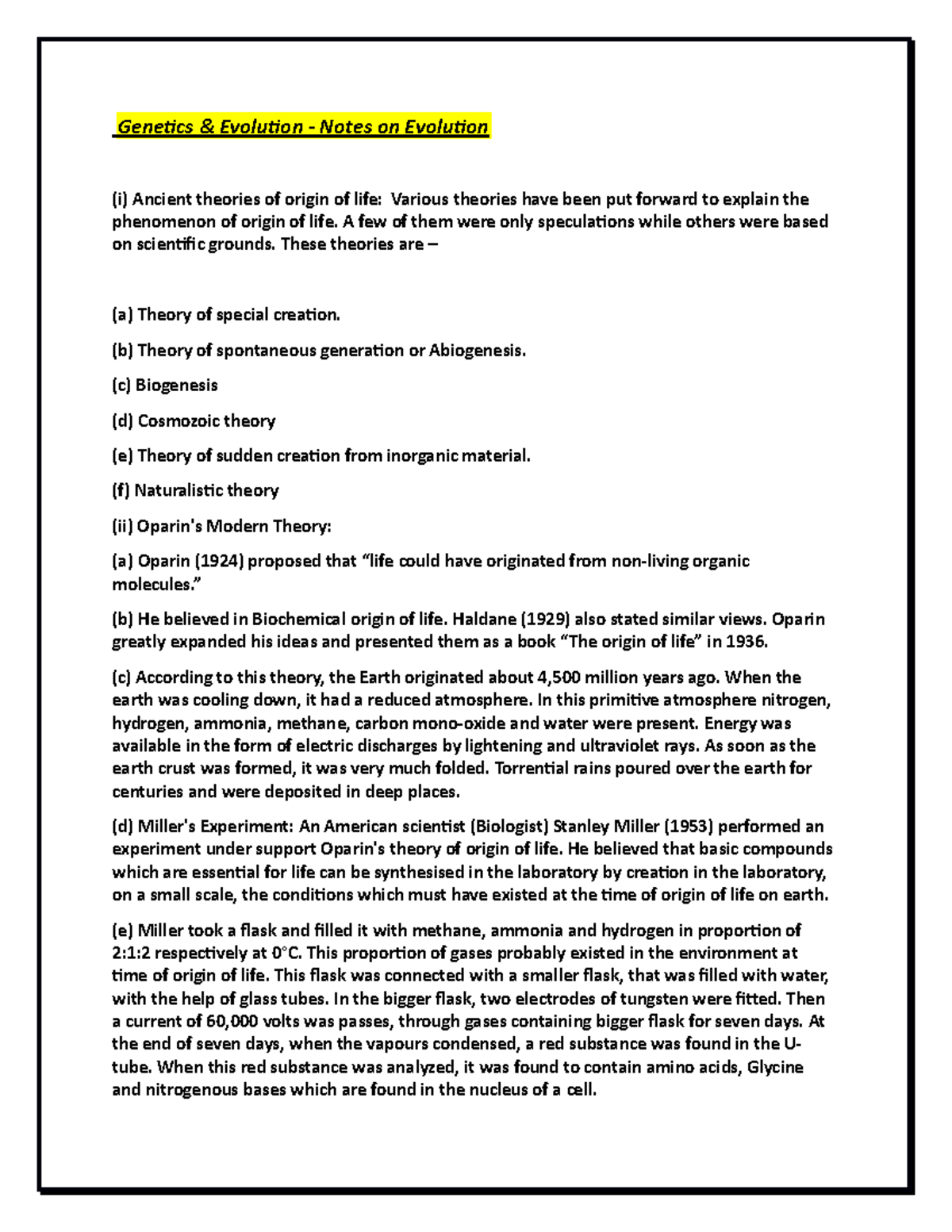 Genetics & Evolution - Notes on Evolution - BIOSCI 52 - Stanford - Studocu