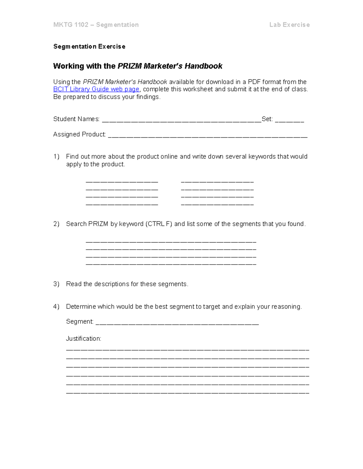 MKTG 1102 Prizm Exercise Worksheet - MKTG 1102 – Segmentation Lab ...